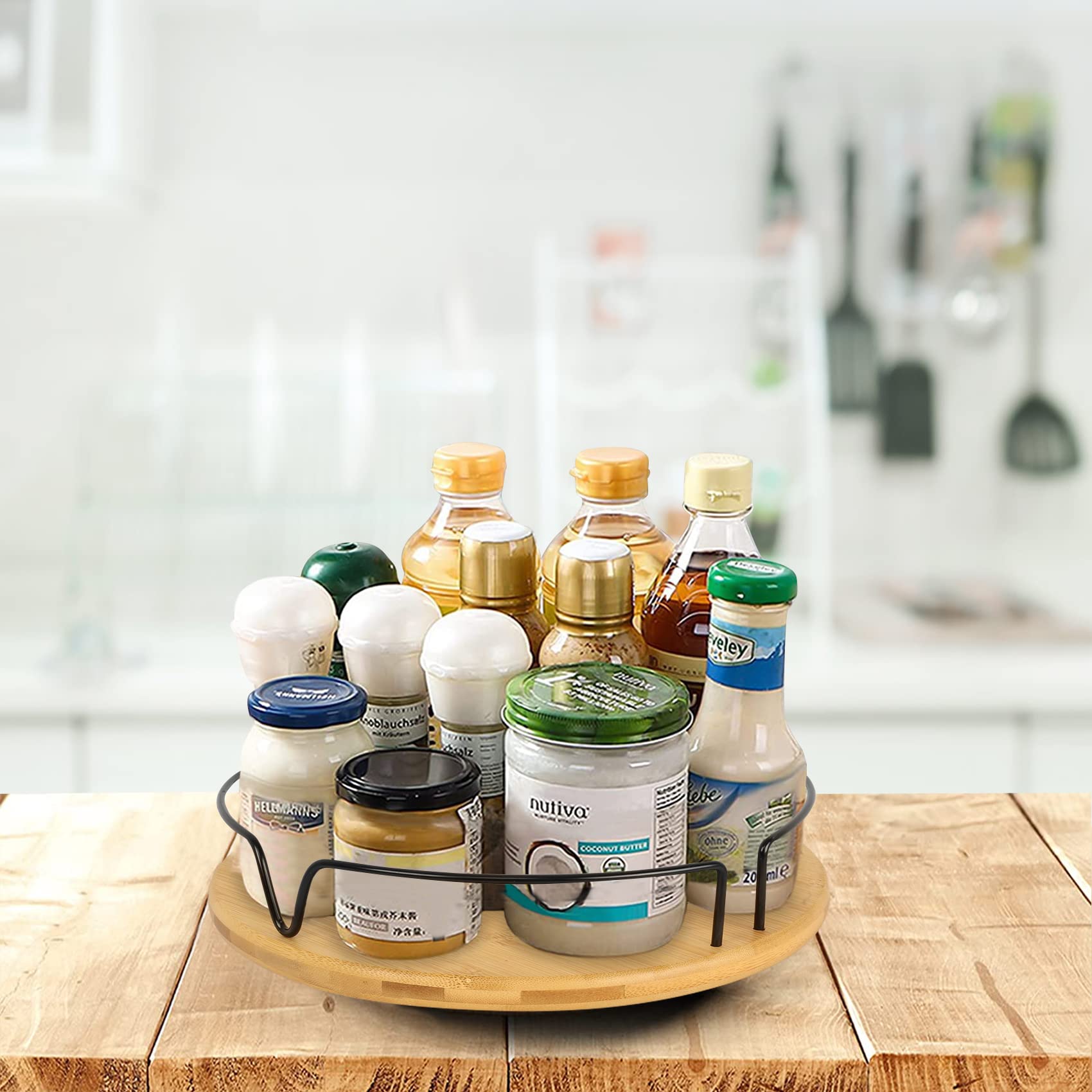 simesove Lazy Susan Turntable 10inch Bamboo Spinning Spice Rack Holder Kitchen Cabinet Counter Top Organizer 360 Degree Turntable Turning Table (Bamboo, 10" (1 Tier))