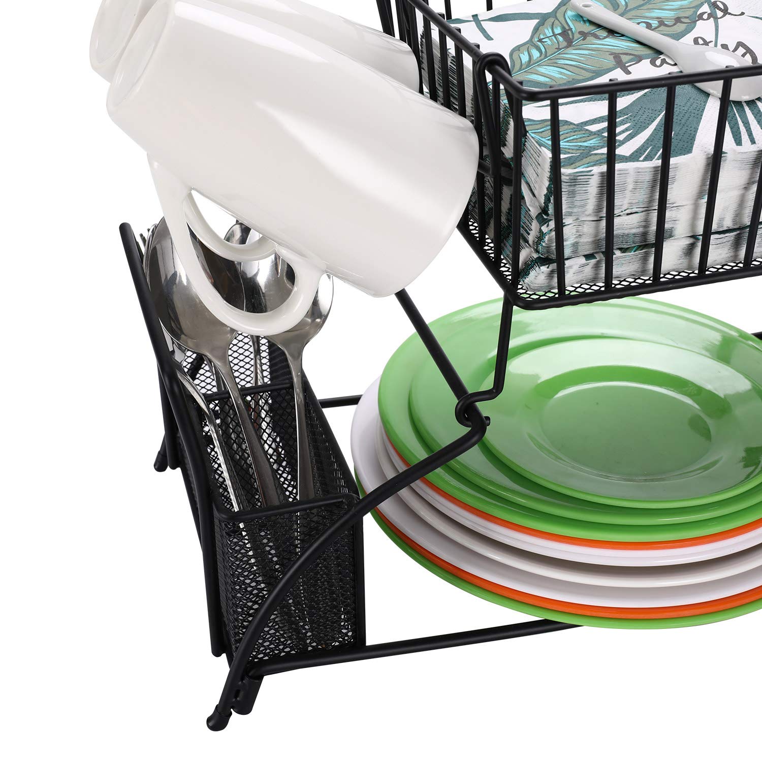 TQVAI 2 Tier Buffet Caddy Silverware Flatware Organizer with Mug Holder for Plates, Utensils, Napkins - Ideal for Kitchen, Dining, Entertaining, Parties, Picnics, Black