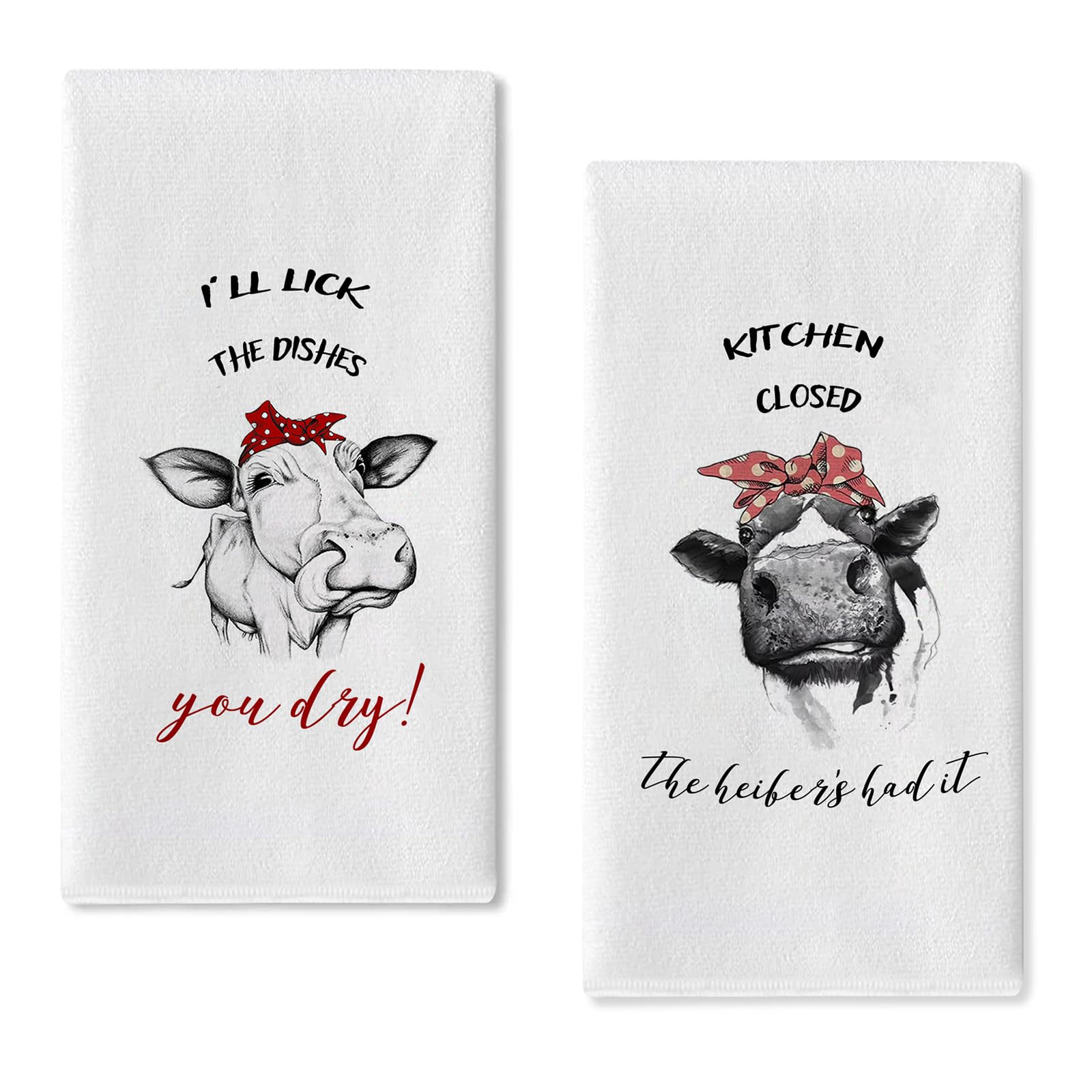 Seliem Funny Farm Cow Kitchen Dish Towel, Kitchen Closed The Heifers Had it I’ll Lick The Dishes You Dry Sign Tea Bar Hand Drying Cloth, Country Farmhouse Fun Animal Decor Home Decorations 18” x 26”