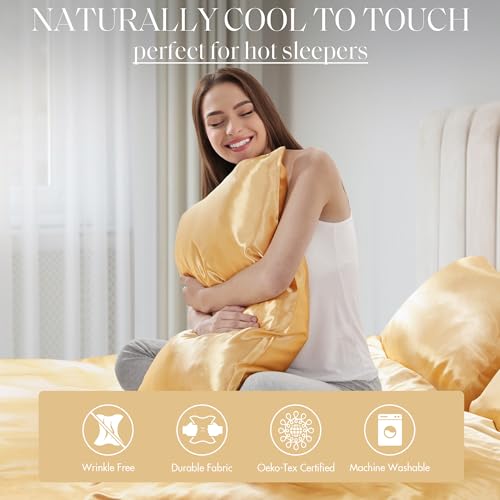 Madison Park Essentials Satin Sheets Queen Size, Luxurious Silky Satin Bed Sheets, Elastic 14" Pocket fits up to 16" Mattress, Wrinkle-Free, Soft Satin Bed Sheet Set, Gold 6 Piece
