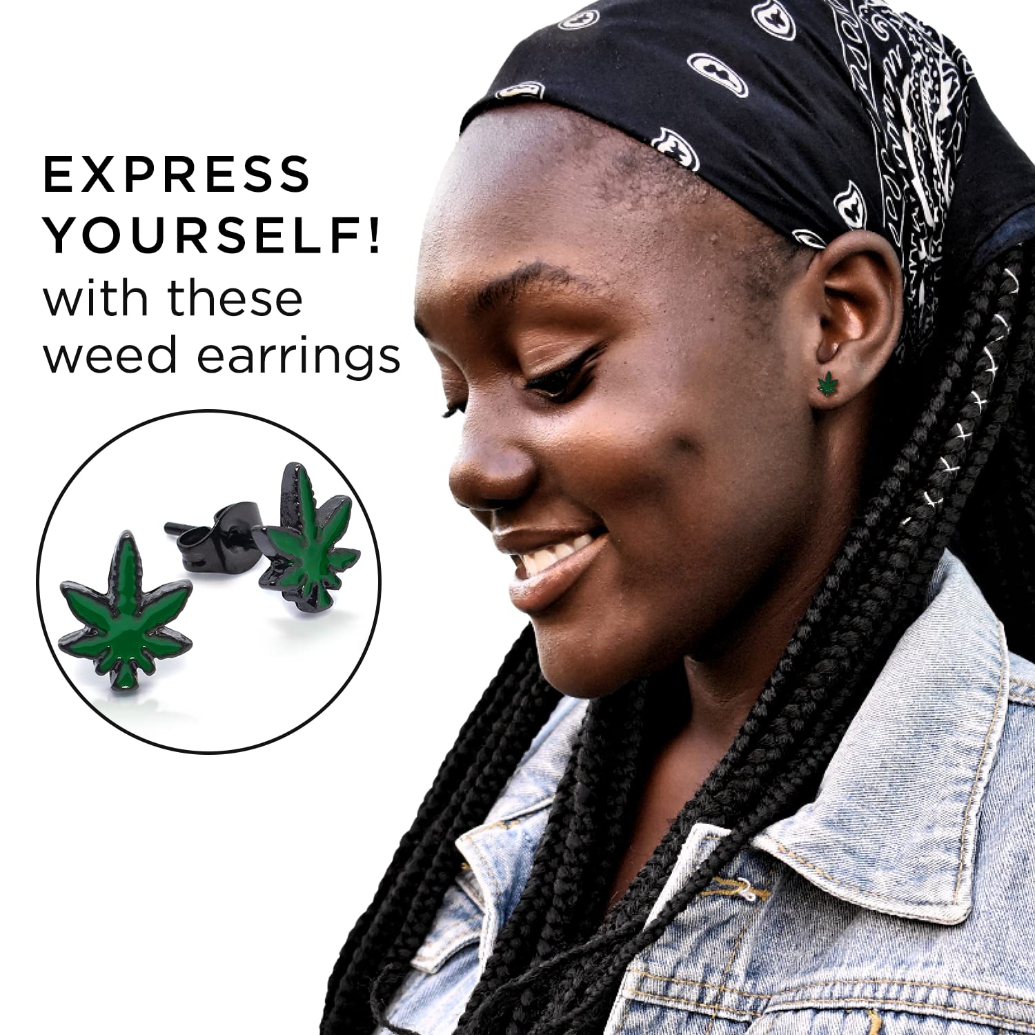 Pierce2GO Stud Earrings 316L Stainless Steel Anodized Black Ear Studs with Green Marijuana Leaf Pendant Earrings Studs for Women and Men β Marijuana Stud Earrings Set of 2