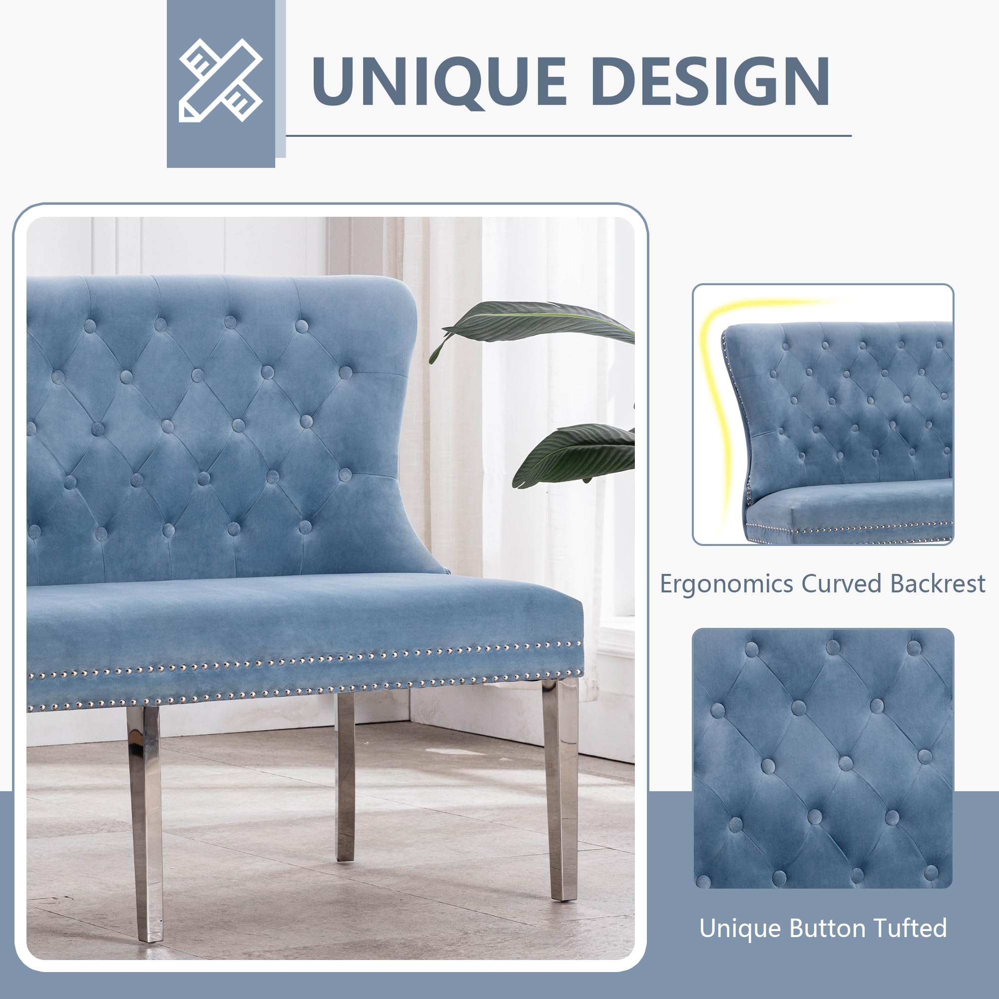LOULENS 65'' Upholstered Velvet Settee Bench 3 Seater, Modern Tufted Banquette Bench with Back, Accent Loveseat Sofa with Stainless Steel Leg for Dining, Living Room (Blue)