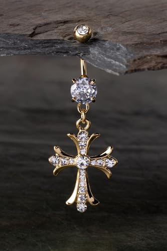 Pierced Owl 14G 316L Surgical Steel Celtic Cross with Paved Gems Dangling Belly Button Ring (Silver Tone)