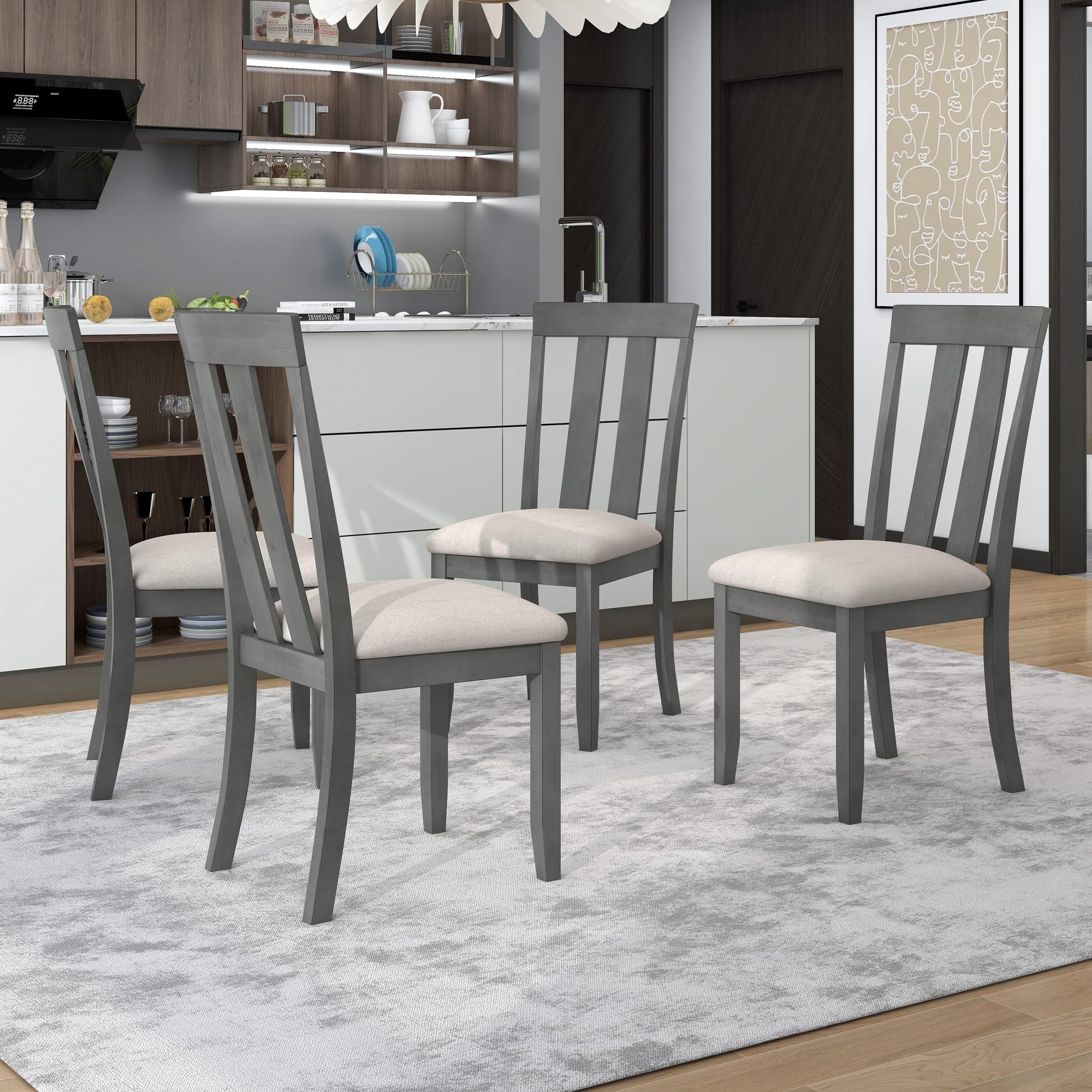 Merax Dining Chairs Set of 4, Fabric Padded Dining Chairs with Seat Cushions and Curved Back, Dining Chairs with Solid Wood Legs for Dining Room, Living Room, Bedroom (Gray)