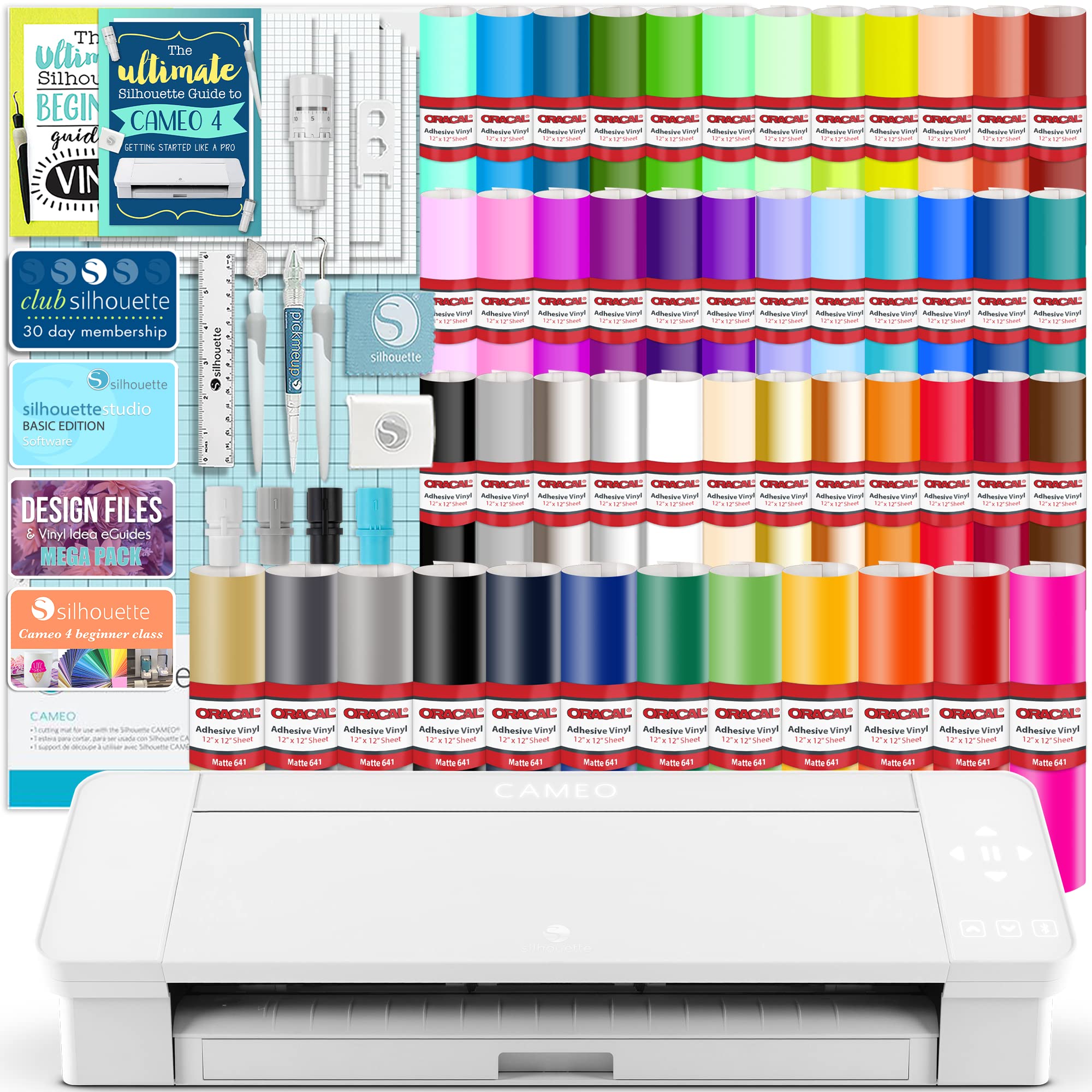 Silhouette White Cameo 4 Bundle with 64 Oracal Vinyl Sheets, Tools, Designs, Guides, How To's, and More
