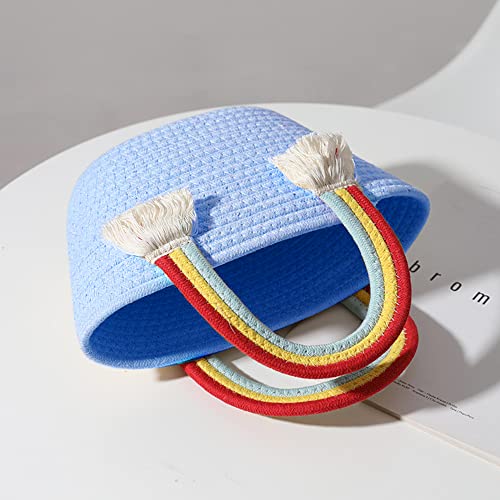 QTK Beach Tote Handmade Cotton Woven Rainbow Bag, Summer Beach Bags for Women, Color Tassel Rainbow Handle(Blue)