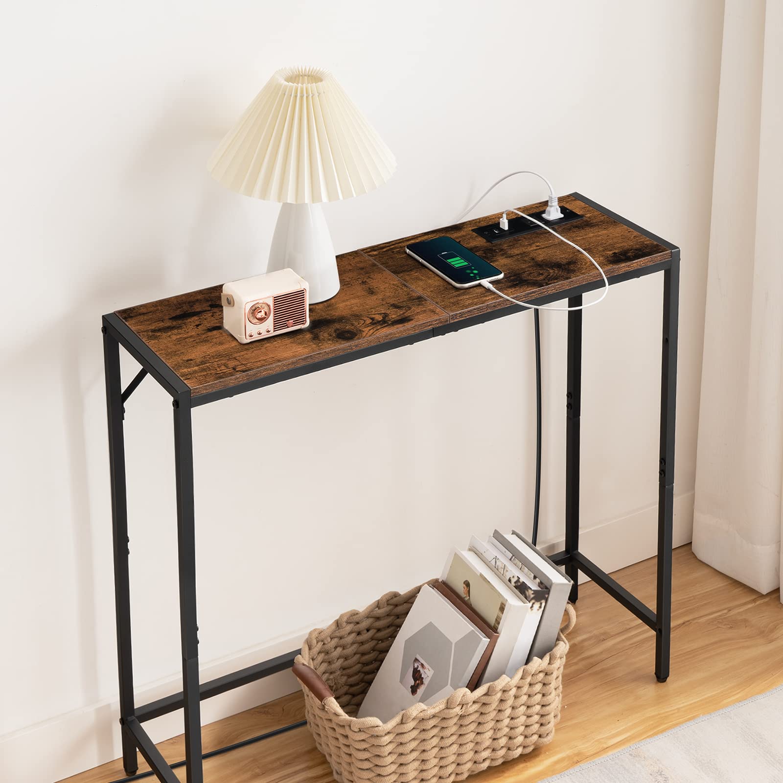 MAHANCRIS Console Table with Power Station, 30.1” Entryway Table, Behind Sofa Table, Industrial Style, Outlets and USB Ports, Sturdy, for Living Room, Entryway, Foyer, Corridor, Rustic Brown CTHR76E01