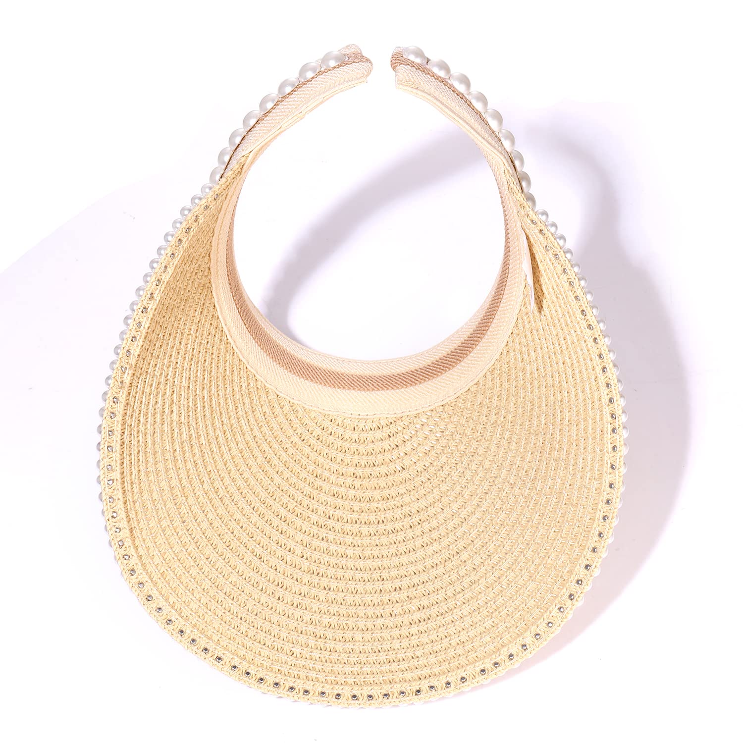 NLCAC Sun Visors for Women Pearl Straw Visor Hat Wide Brim Clip On Visor Summer Beach Straw Sun Hat Travel Accessories Beige
