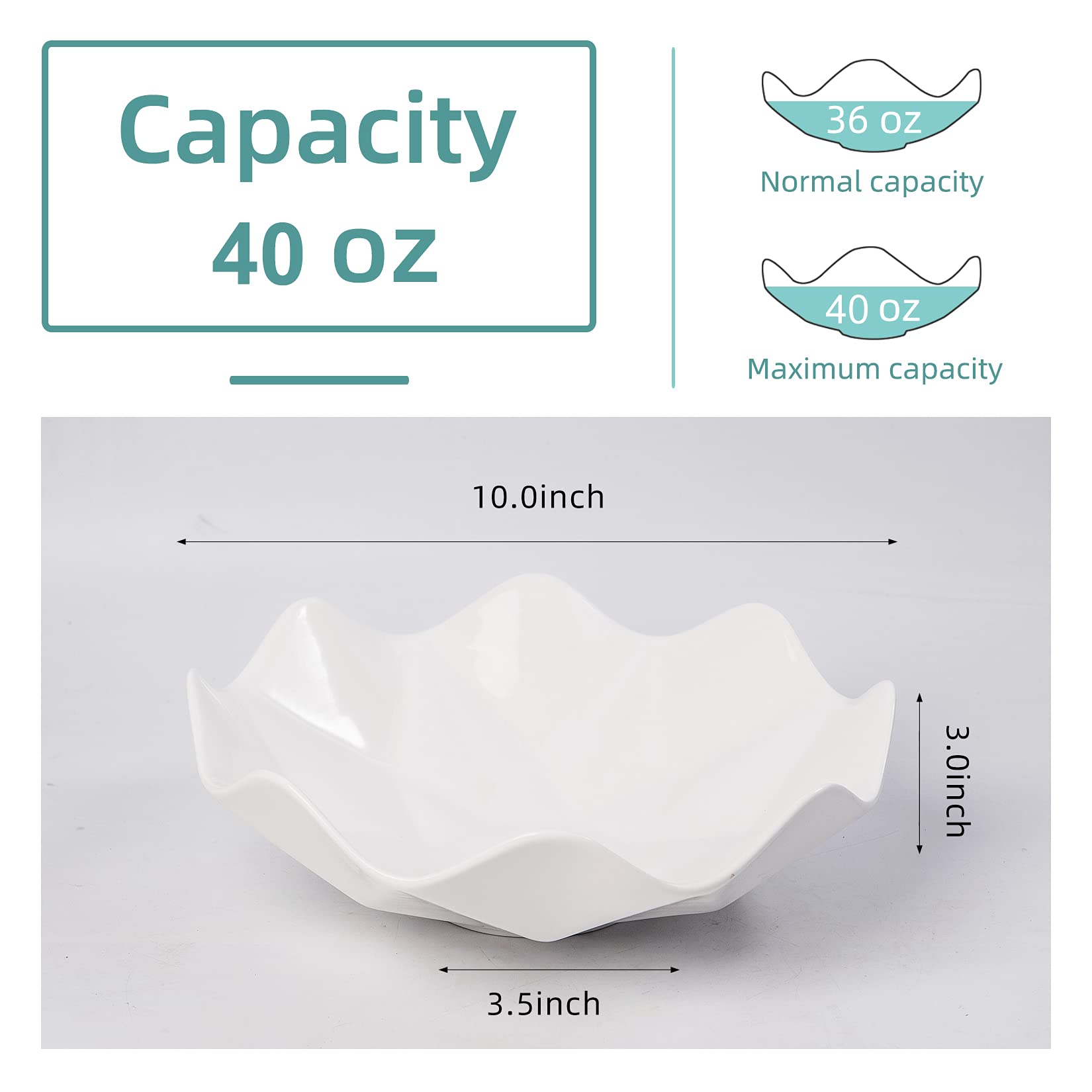 STE-CER 10" Wave Decorative Fruit Bowl for Kitchen Counter,Salad Bowls and Platters,Large Seving Bowls for Pasta,Salad, Candy, Set of 2(White Ceramic Bowl Modern)