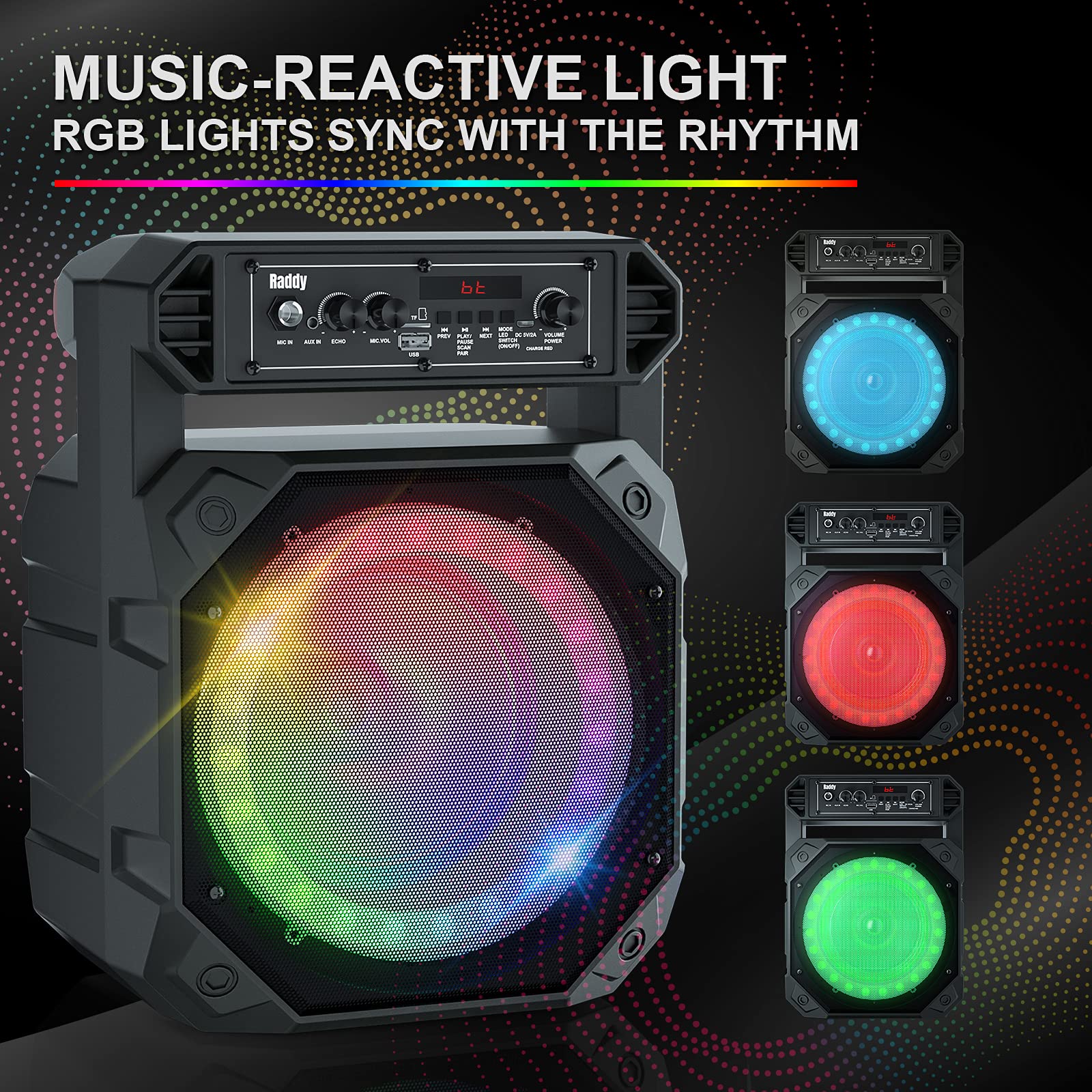 Raddy RS68 Portable Karaoke Machine with Low Noise Wireless Microphone, PA System Rechargeable Bluetooth Speaker with LED Lights for Christmas Birthday Gift Home Party, Supports TF Card/USB/AUX