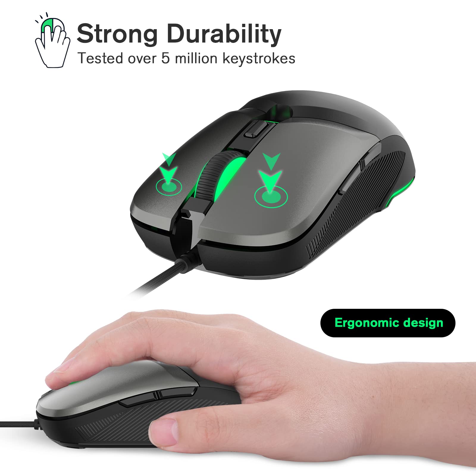 RaceGT Wired RGB Gaming Mouse, Ergonomic Mouse with 7 Backlight RGB Lighting Modes up to 7200 DPI,6 Buttons for Windows PC Gamers (Black)