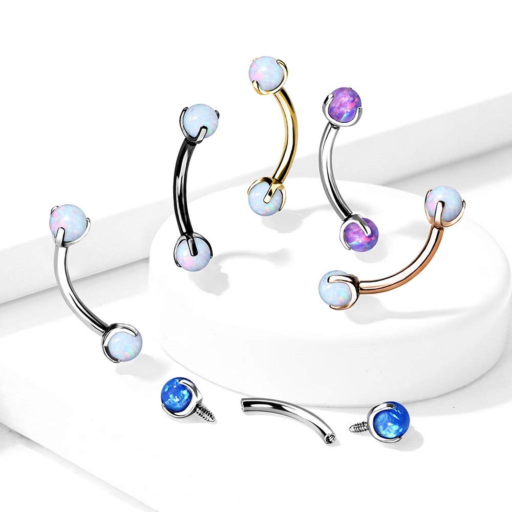 Pierced Owl 16GA Stainless Steel Internally Threaded Claw Set Synthetic Opals Eyebrow Curved Barbell (Black/White)