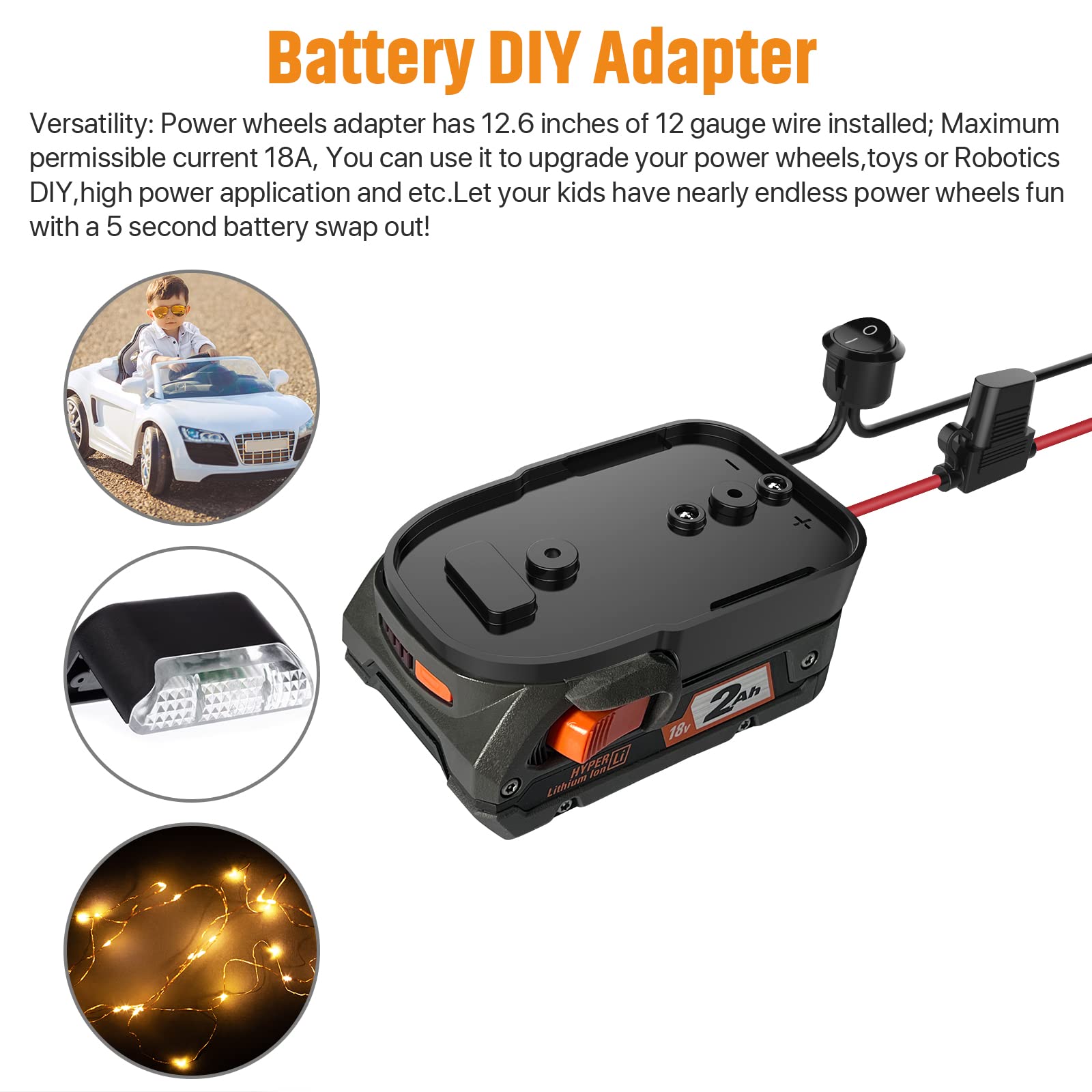 Power Wheel Adapter with Fuse & Switch, Secure Battery Adapter for Ridgid AEG 18V Hyper Lithium Battery, with 12 Gauge Wire,Good Power Convertor for DIY Ride On Truck,Robotics,RC Toys and Work Lights