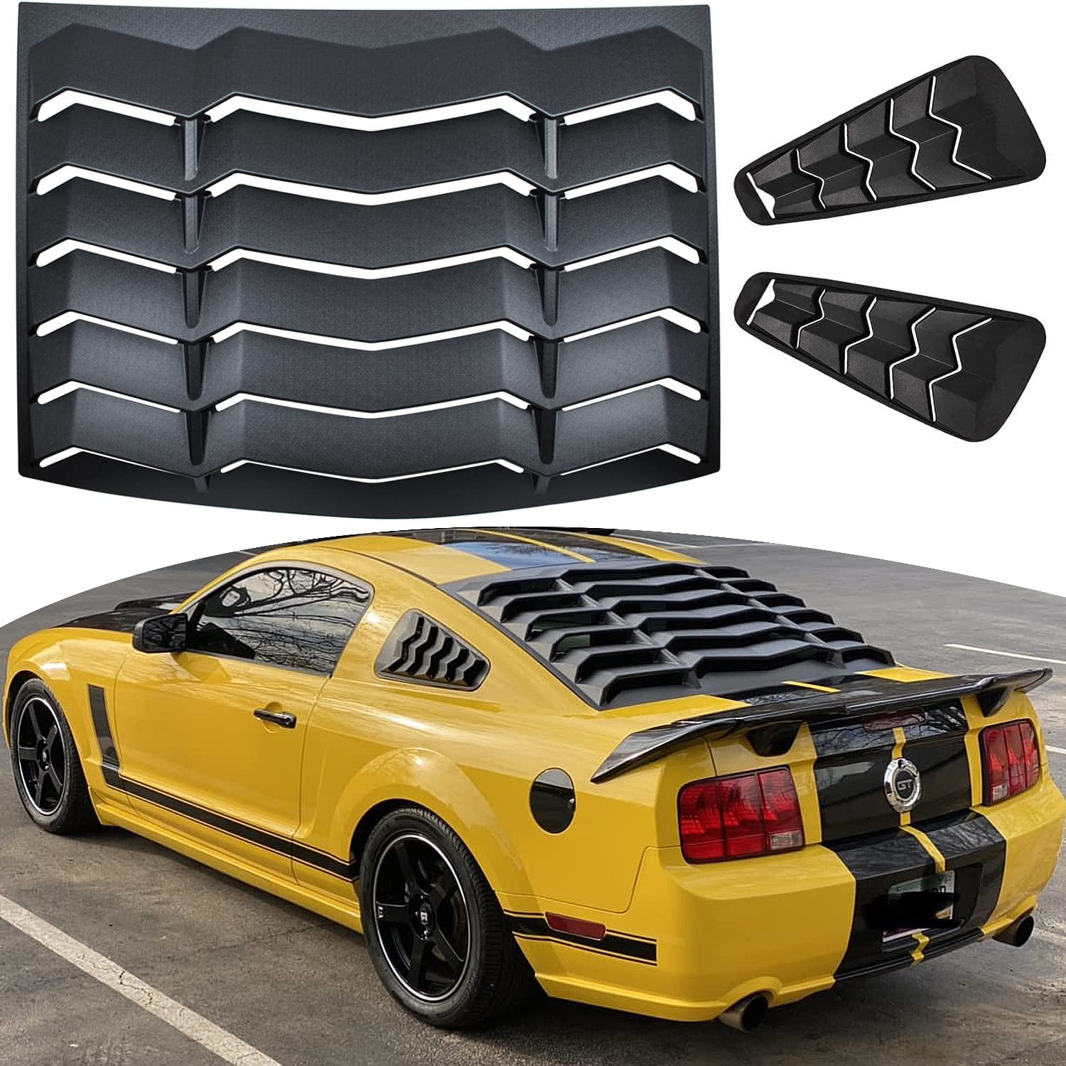 Rear + Side Window Louvers Fit for Ford Mustang 2005-2014 Scoop Sun Shade Windshield Covers GT Lambo Style Fit All Weather (Gloss Black)