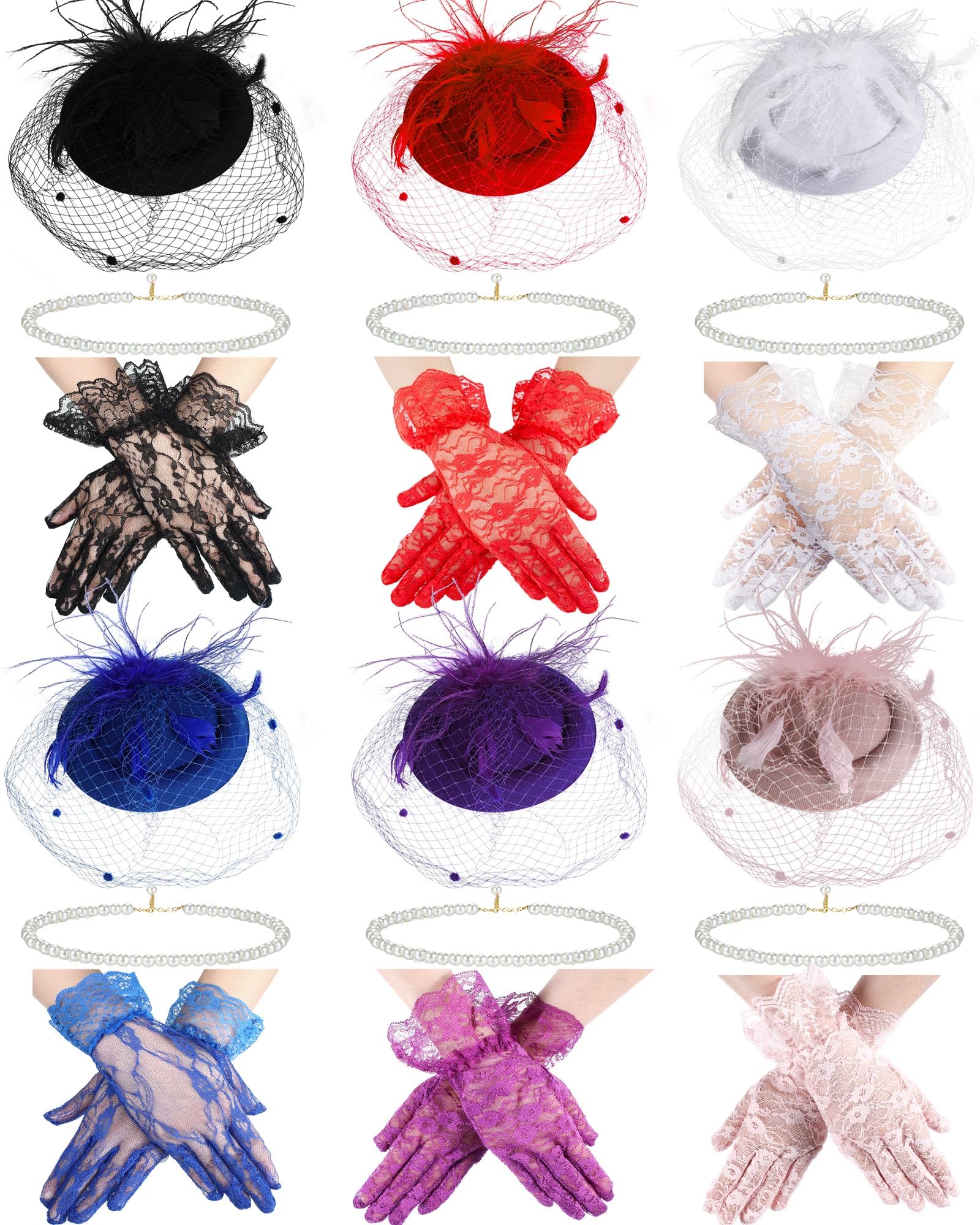 Xaatren 6 Sets Fascinators Hats for Women Girls Tea Party Hat with Lace Gloves and Bead Necklaces Cocktail Tea Party Pillbox Hat with Veil Vintage Mesh Feathers for Wedding Halloween Christmas Party