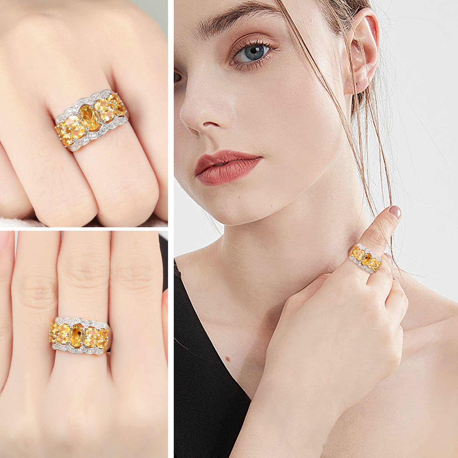 supermodel 925 Sterling Silver Statement Ring for Women 7x5MM Natural Citrine Wedding Band Ring Birthstone Ring Jewelry Gift for Valentines Day Anniversary Size 7