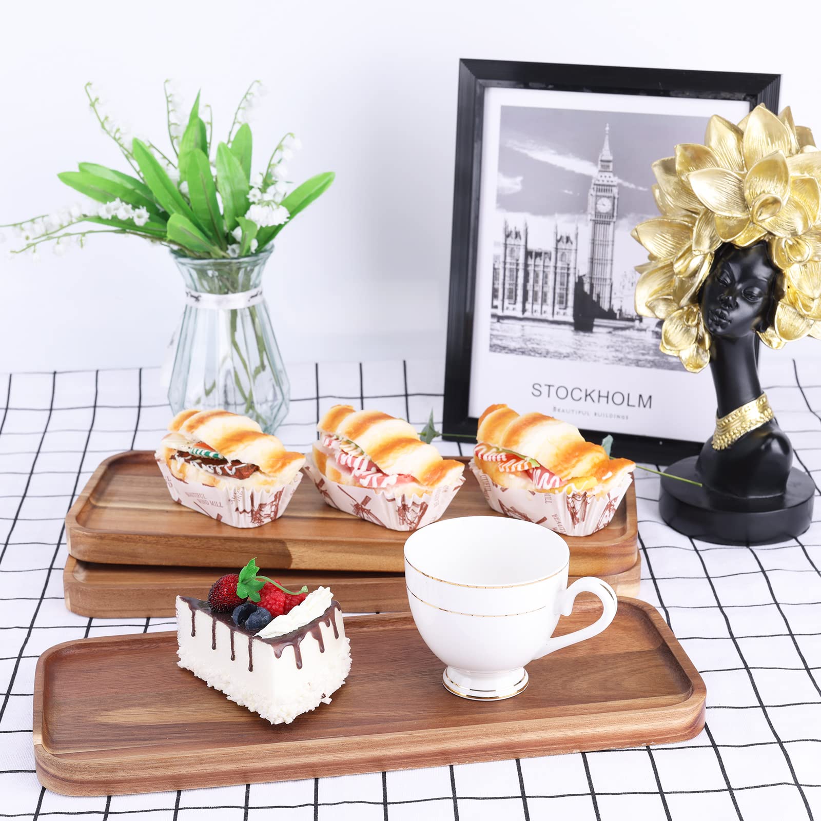 Solid Acacia Wood Serving Trays and Platters (14 x 5.5 in) Rectangular Wooden Serving Platters,Wood Boards for Food, Vegetables, Fruit, Charcuterie, Appetizer Serving Tray, Cheese Board (3 pcs)