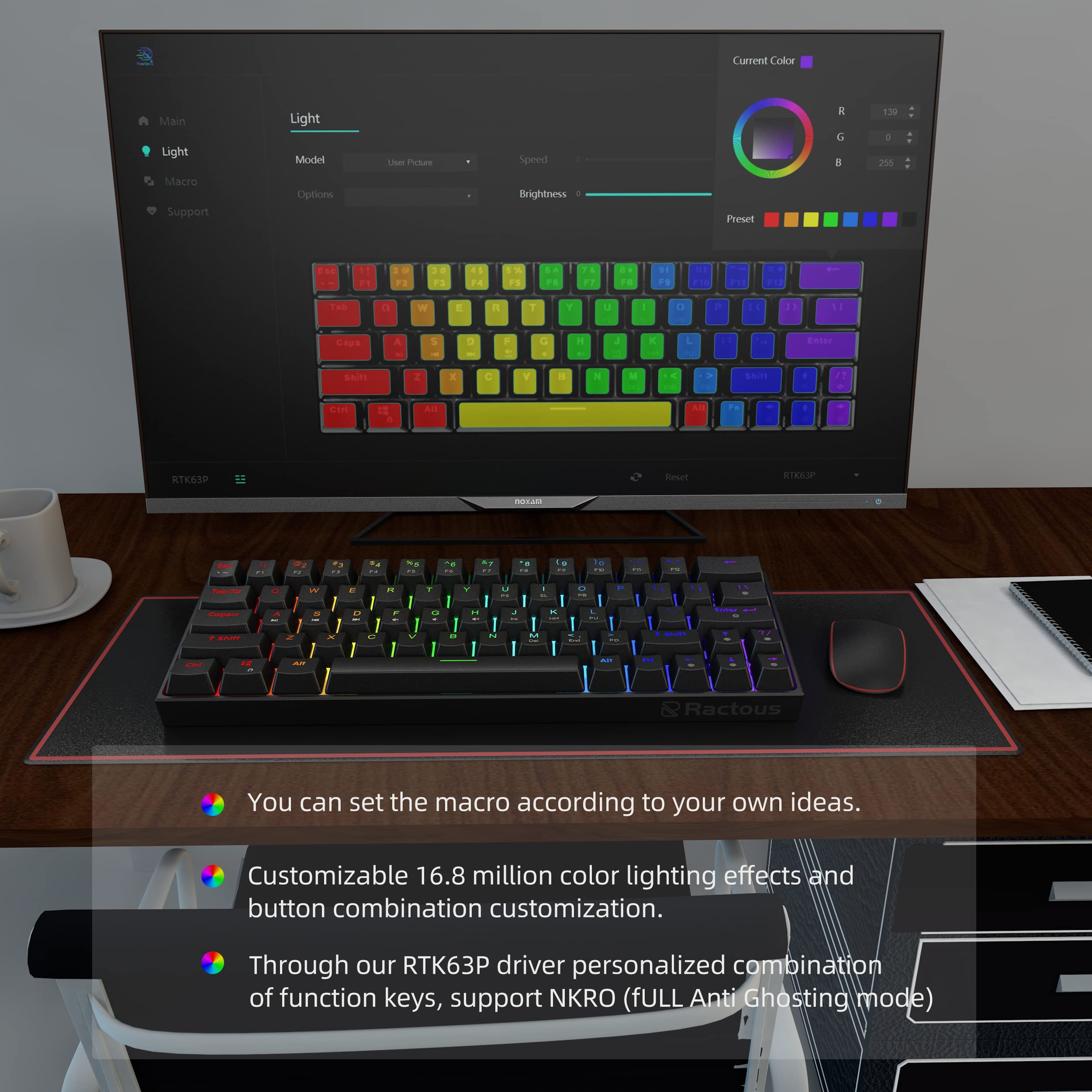 Ractous RTK63P 60% Mechanical Gaming Keyboard RGB Backlit PBT keycaps 63key Ultra-Compact Wired Keyboard Programmable for PC/Mac Gamers,Hot-Swappable Optical Brown Switch (Black)