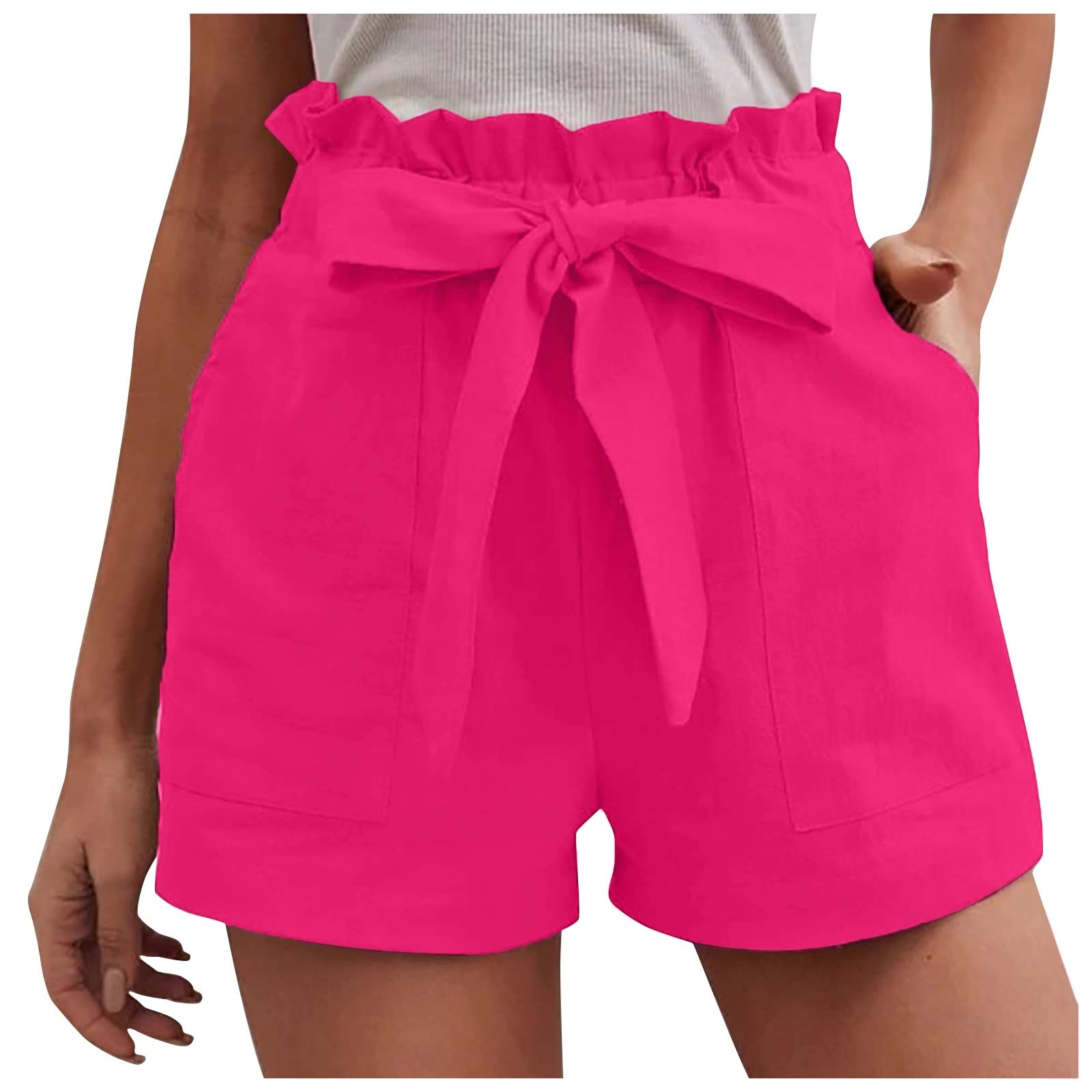 Women's Summer Fashion Solid Wide Leg Pants with Pockets Shorts (Hot Pink, M)
