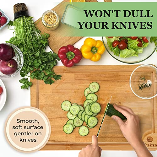 TRAKZA Bamboo Cutting Board Set - Durable Kitchen Cutting Boards For Chopping Fruit, Meat, Cheese, Veggies - Deep Juice Grooves, Side Handles, Easy To Use & Clean - With Storage Holder - 9", 12", 15"
