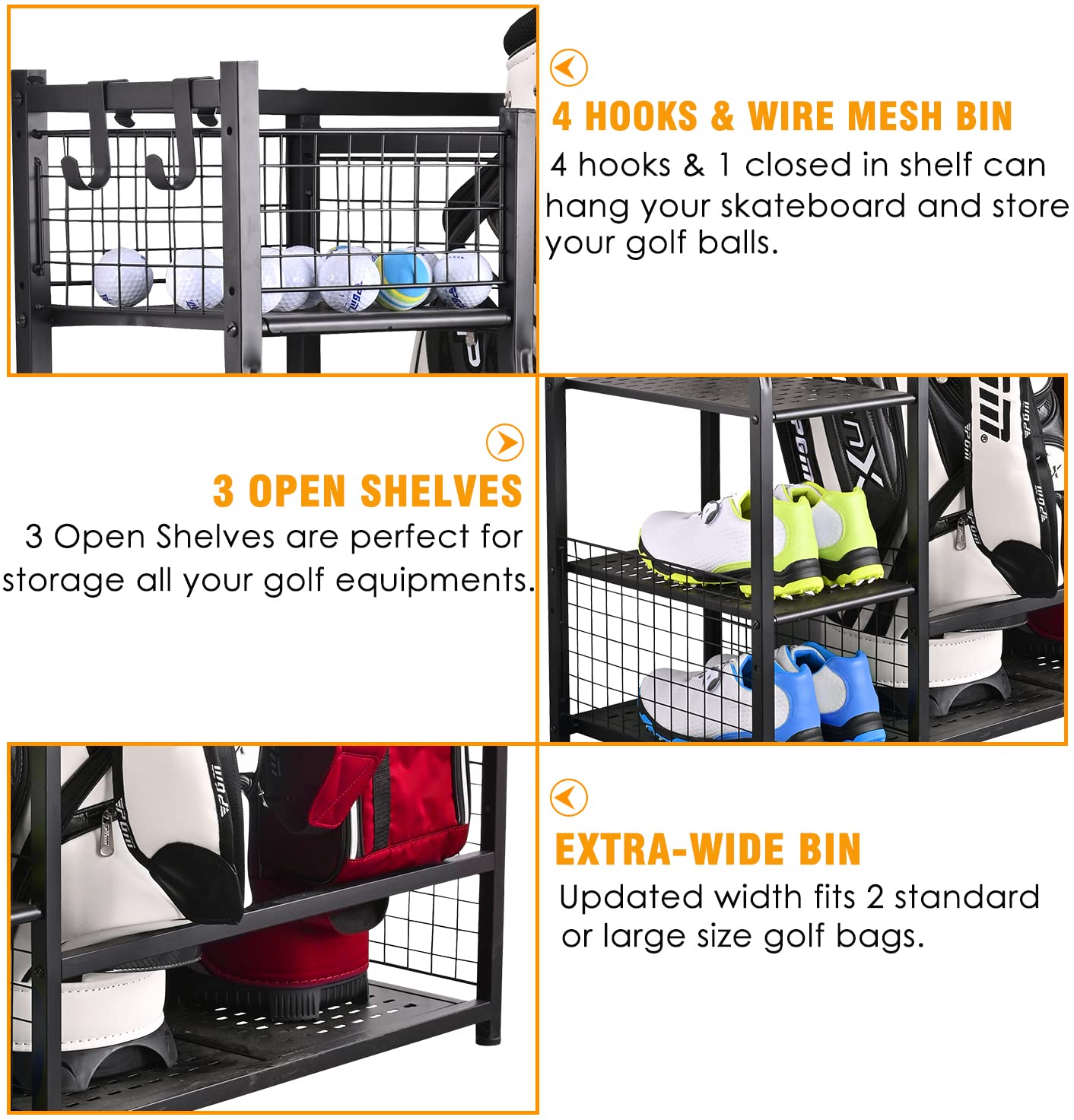 SNAIL Golf Bag Garage Storage Organizer Extra Large Size Golf Bag Rack Stand Holder Fits 2 Golf Bags and Other Golfing Equipment Accessories, Metal Black Golf Club Storage for Garage Shed and Basement