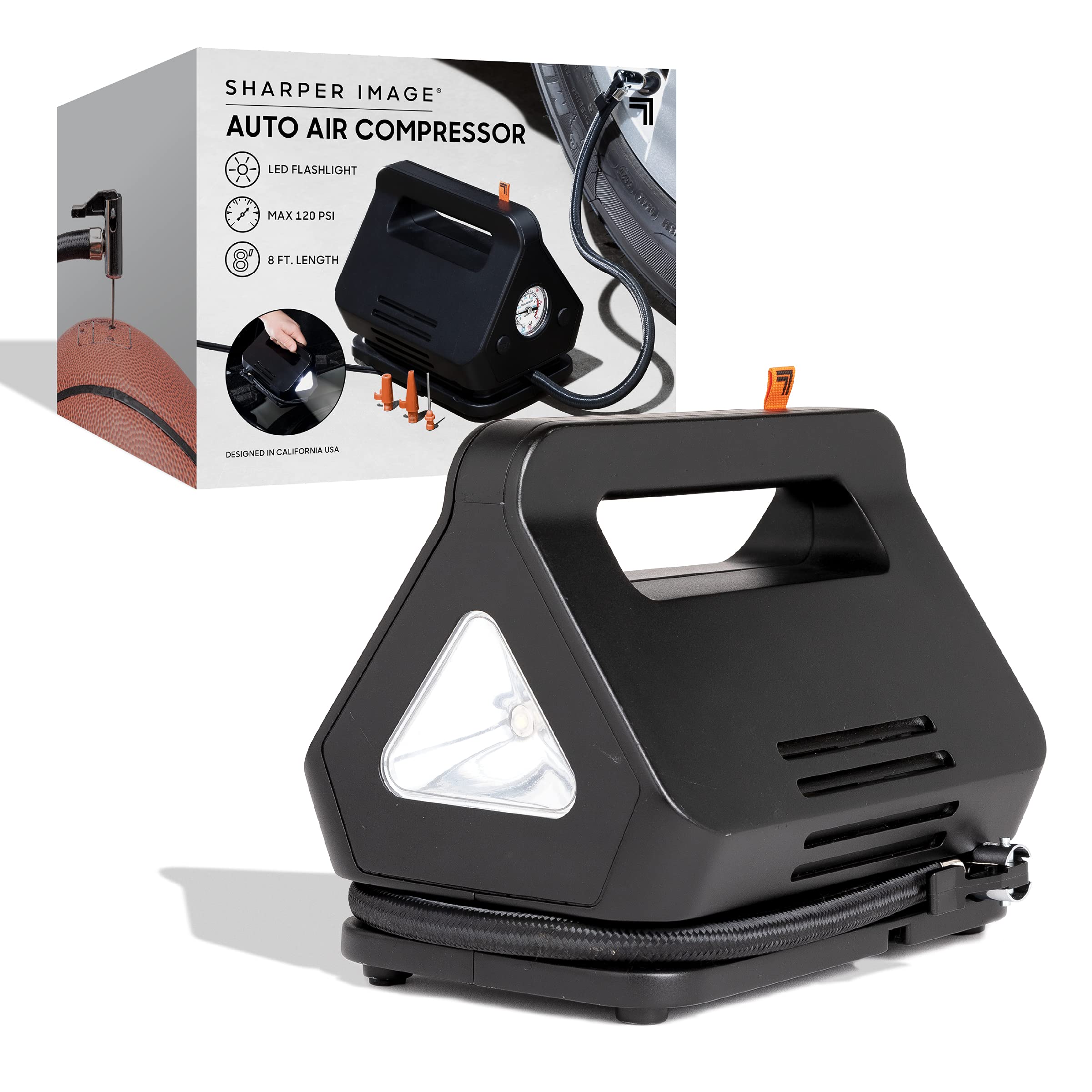 SHARPER IMAGE DC 12V Car Air Compressor With Built-in LED Light, 8 Foot Cord, 120 PSI Max, Includes 3 Nozzle Attachments, Car & Bike Tires, Quick Inflator For Balls Wheels and More