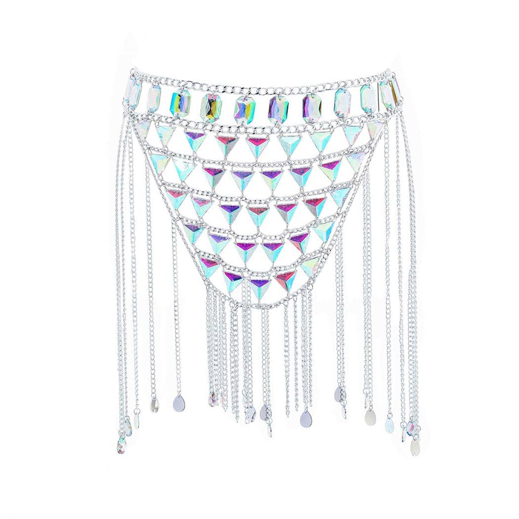 Salliy Rhinestone Waist Body Chains Skirt Silver Sexy Belly Chain Dress Summer Belly Belt Chain Jewelry Rave Festival Outfits for Women and Girls