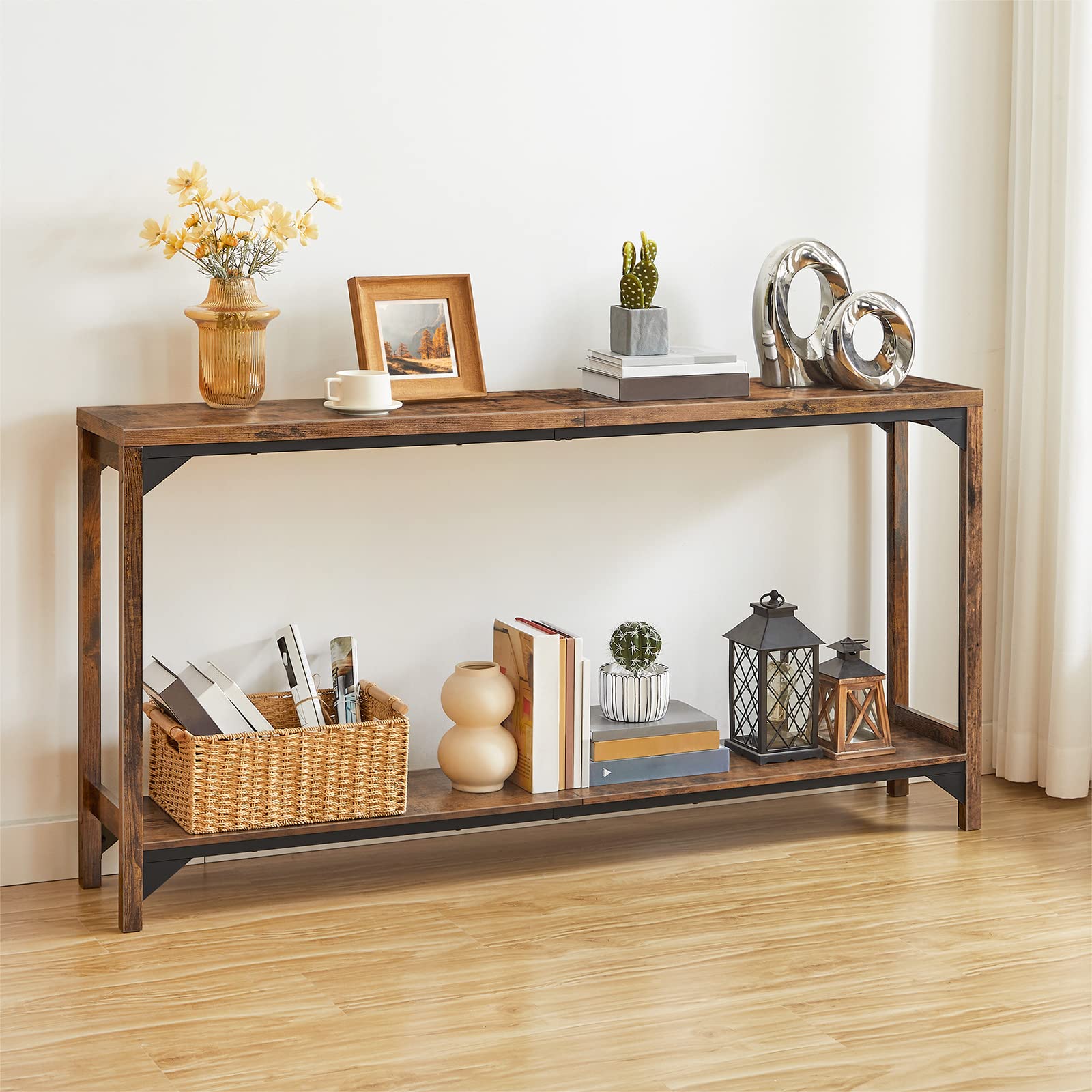 MAHANCRIS Sofa Table, 62.2" Console Table, Narrow Long Entryway Table, Industrial Hallway Table, 1.2" Thickened Top, Console Desk Table for Entryway, Living Room, Hallway, Rustic Brown CTHR25801