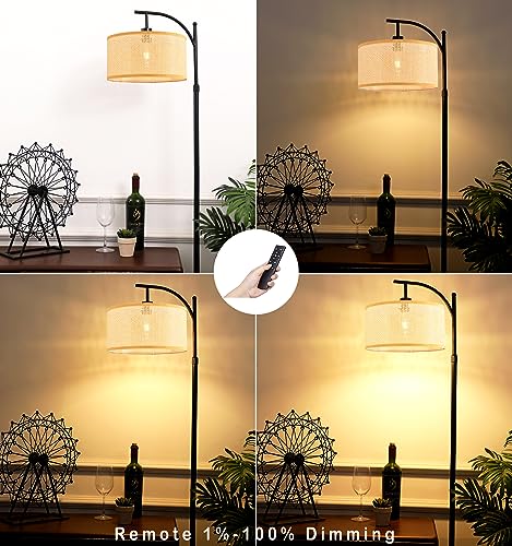 QIYIZM Floor Lamp with Remote Arc Boho Rattan Standing Lamp,Farmhouse Dimmable Industrial Black Wicker Floor Light Rustic Adjustable Tall Lamp,Bamboo Lamp Shade Floor Lamps for Living Room Bedroom