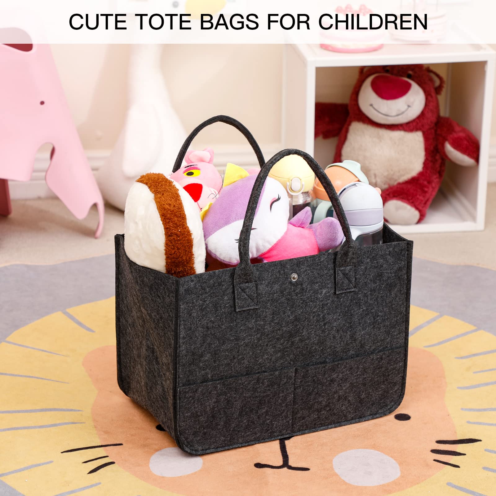 Yesesion 2 Pack Easter Basket Tote Bag for Kids, Portable Holiday Decoration Basket for Boys, Girls, Foldable Party Storage Caddy with Side Pockets for Candy (Large - Dark Gray)