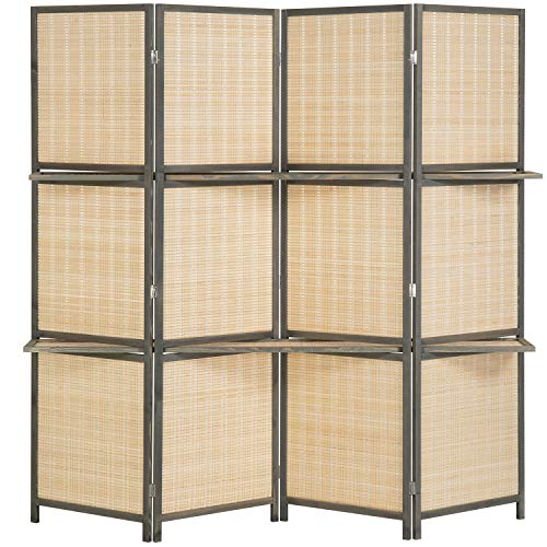 MyGift 4-Panel Deluxe Woven Bamboo Dark Gray Room Divider with Removable Storage Shelves, Living Room Bedroom Portable Partition Screen