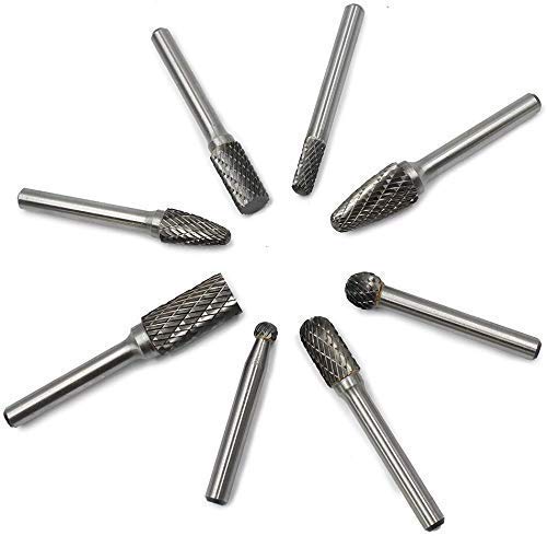 YUFUTOL Carbide Burr Set with 1/4''(6.35mm) Shank 8pcs Double Cut Solid Carbide Rotary Burr Set for Die Grinder Drill, Metal Wood Carving, Engraving,Polishing,Drilling