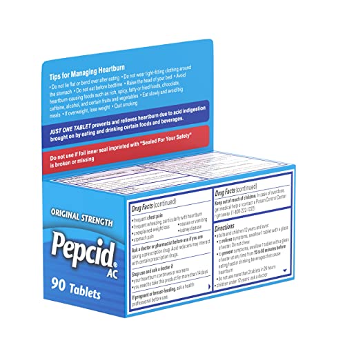Pepcid AC Original Strength Heartburn Relief Tablets, Prevents & Relieves Heartburn Due to Acid Indigestion & Sour Stomach, 10 mg Famotidine to Reduce & Control Acid, Fast-Acting, 90 Ct