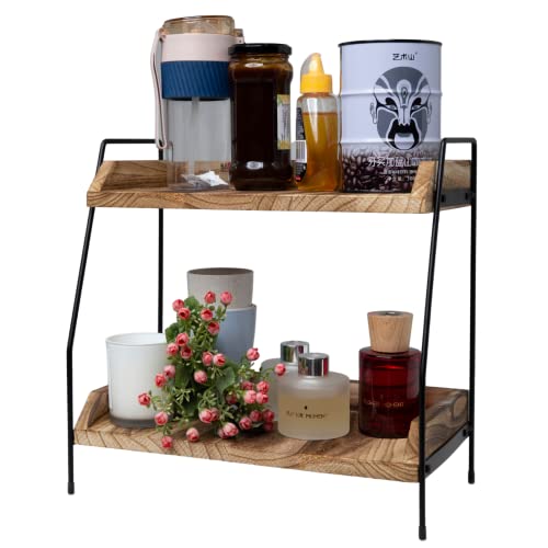 QUALLON Coffee Bar Accessories and Organizer, Coffee Station Organizer 2 Tier Bathroom Counter Organizer, Wood Coffee Tray, Bathroom Vanity Organizer, Countertop Shelf for Kitchen, Coffee Lover