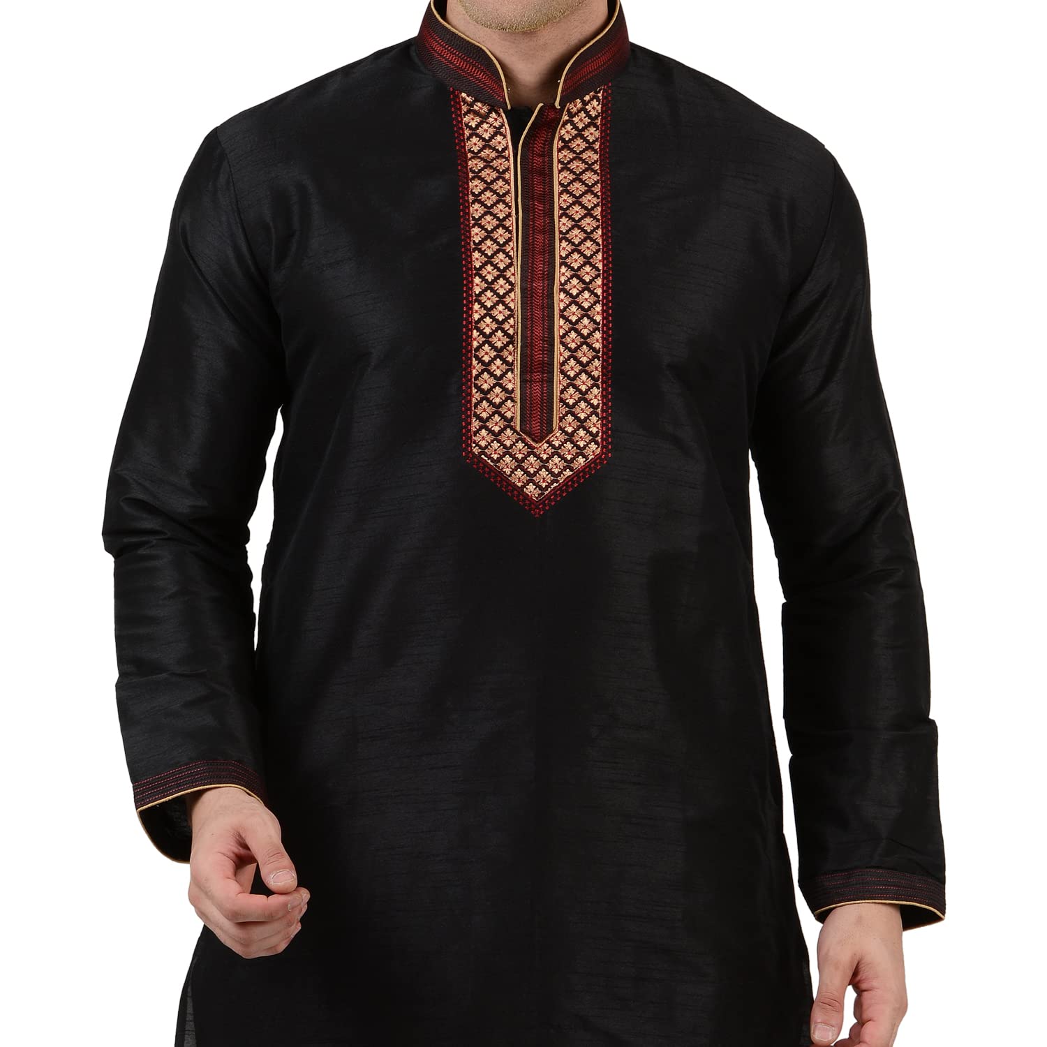 Maharaja Traditional Indian Art Silk Embroidered Kurta Pyjama Set in Black for Men[MSKP017-42]