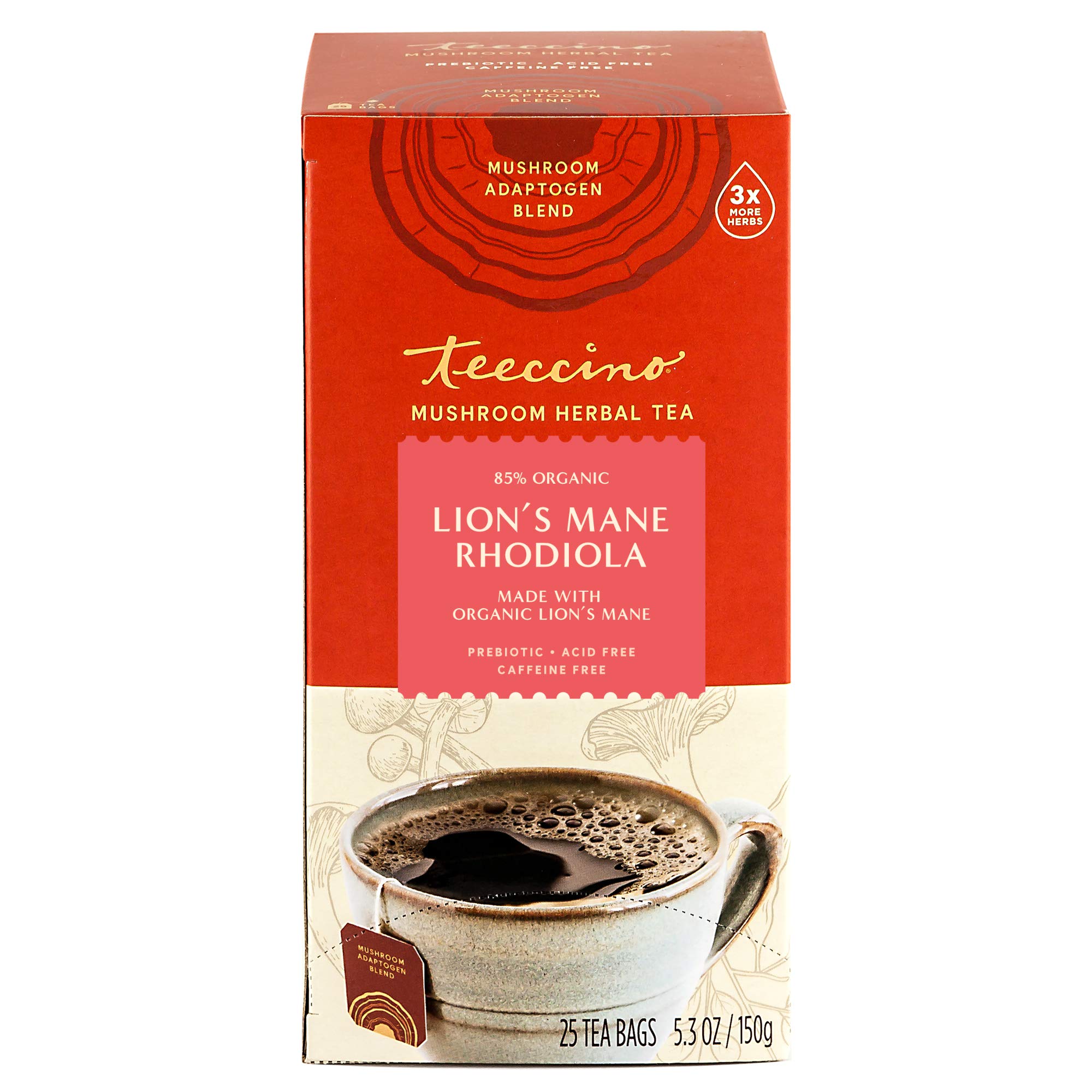 Teeccino Lion’s Mane Rhodiola Rose Mushroom Adaptogen Herbal Tea - Caffeine-Free, 3x More Herbs than Regular Tea Bags, Lightly Sweet from Dates & Figs, Prebiotic - 25 Tea Bags