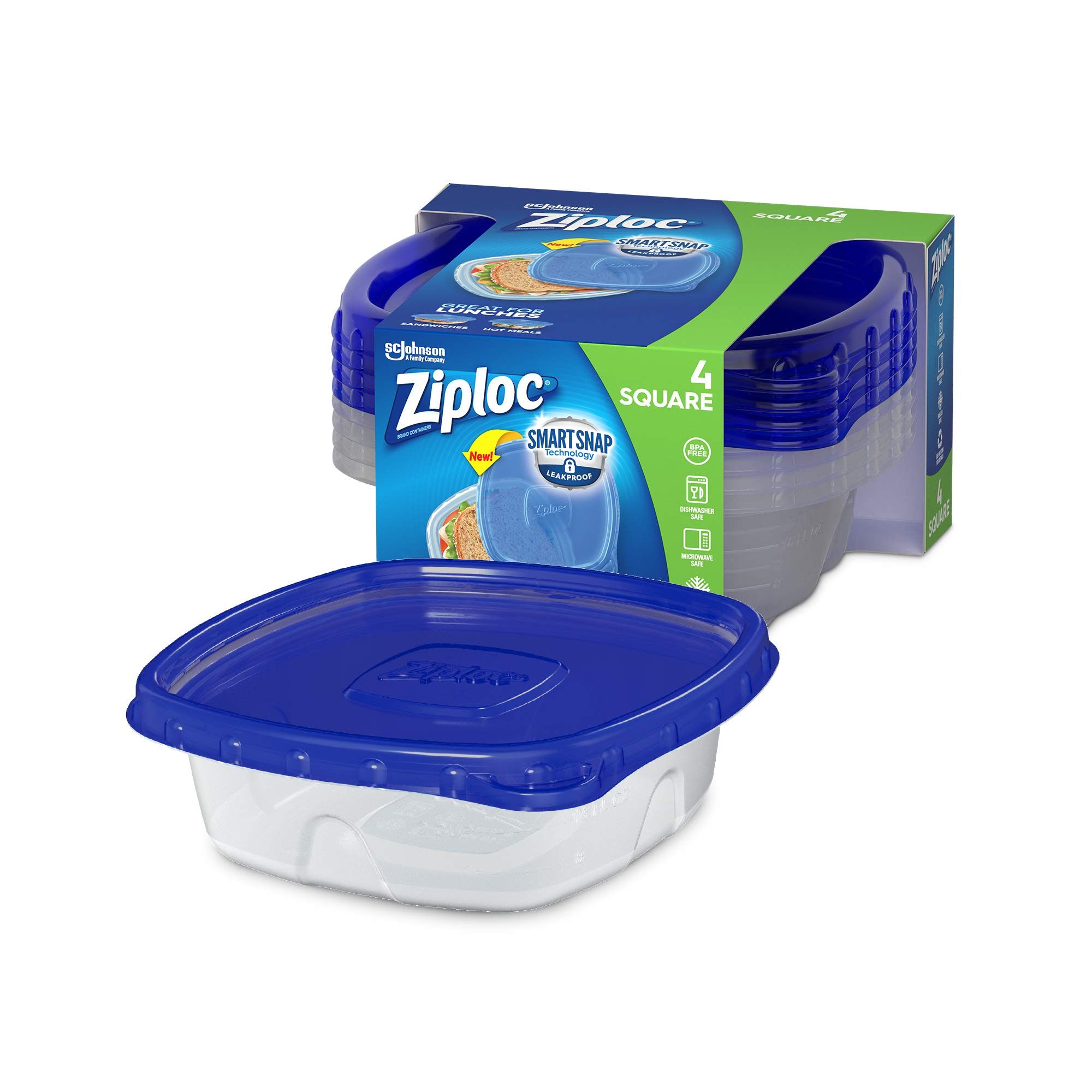 Ziploc Food Storage Meal Prep Containers Reusable for Kitchen Organization, Smart Snap Technology, Dishwasher Safe, Square, 4 Count (Pack of 2)