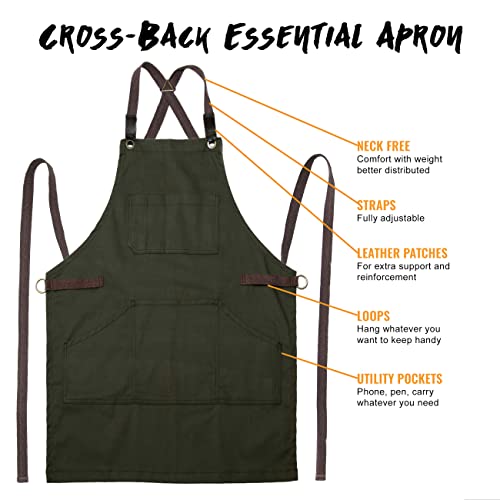 Under NY Sky Essential Army Green Apron β Cross-Back with Durable Twill and Leather Reinforcement β Adjustable for Men and Women β Pro Chef, Tattoo Artist, Baker, Barista, Bartender, Server Aprons