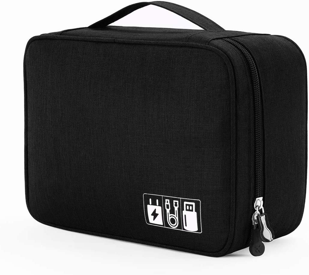 Portable Electronic Organizer Travel Accessories Cable Bag Universal Cord Storage Case Carrying for Charging Cable, Cell Phone, Power Bank,Mini Tablet(Single Layer,Black)
