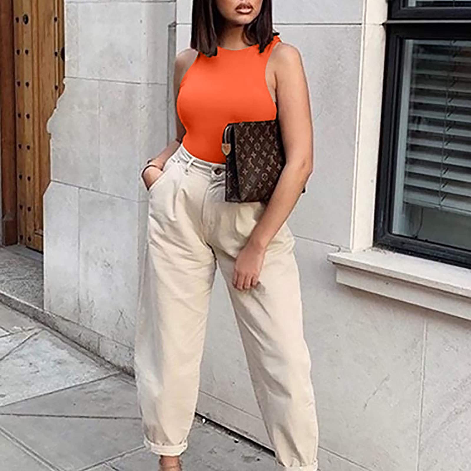 raillery Women's Sexy Sleeveless Racer Back Halter Neck Bodysuit Tank Tops Solid Color Skinny Jumpsuit Orange