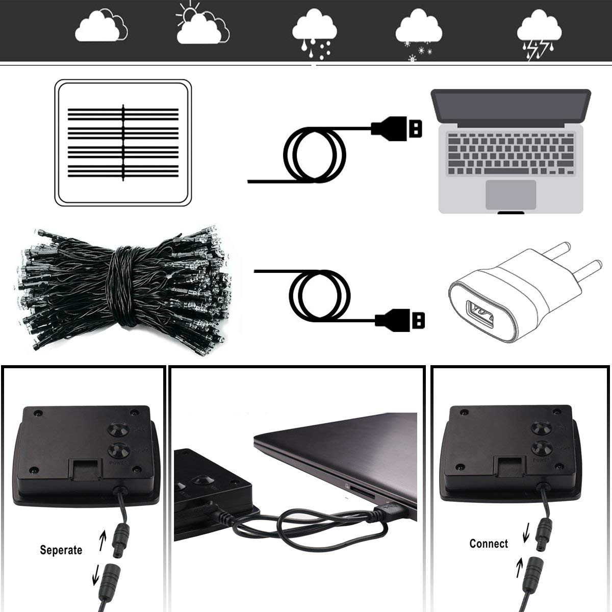 Moor Dual Powered - Solar + USB Plug in - 72ft 200 LED Fairy Lights Waterproof Decorative Fairy String Lights for Garden, Patio, Home, Wedding, Party, Christmas (Dual Powered, WarmWhite-1Pack)