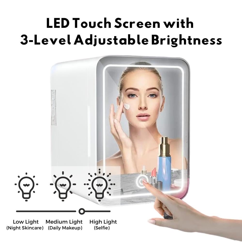 Mini Beauty Fridge with Mirror - 4L, Cooler and Warmer, Compact Fridge for Beauty Skincare, Makeup, Bedroom, Bathroom, Office, Food and Drink