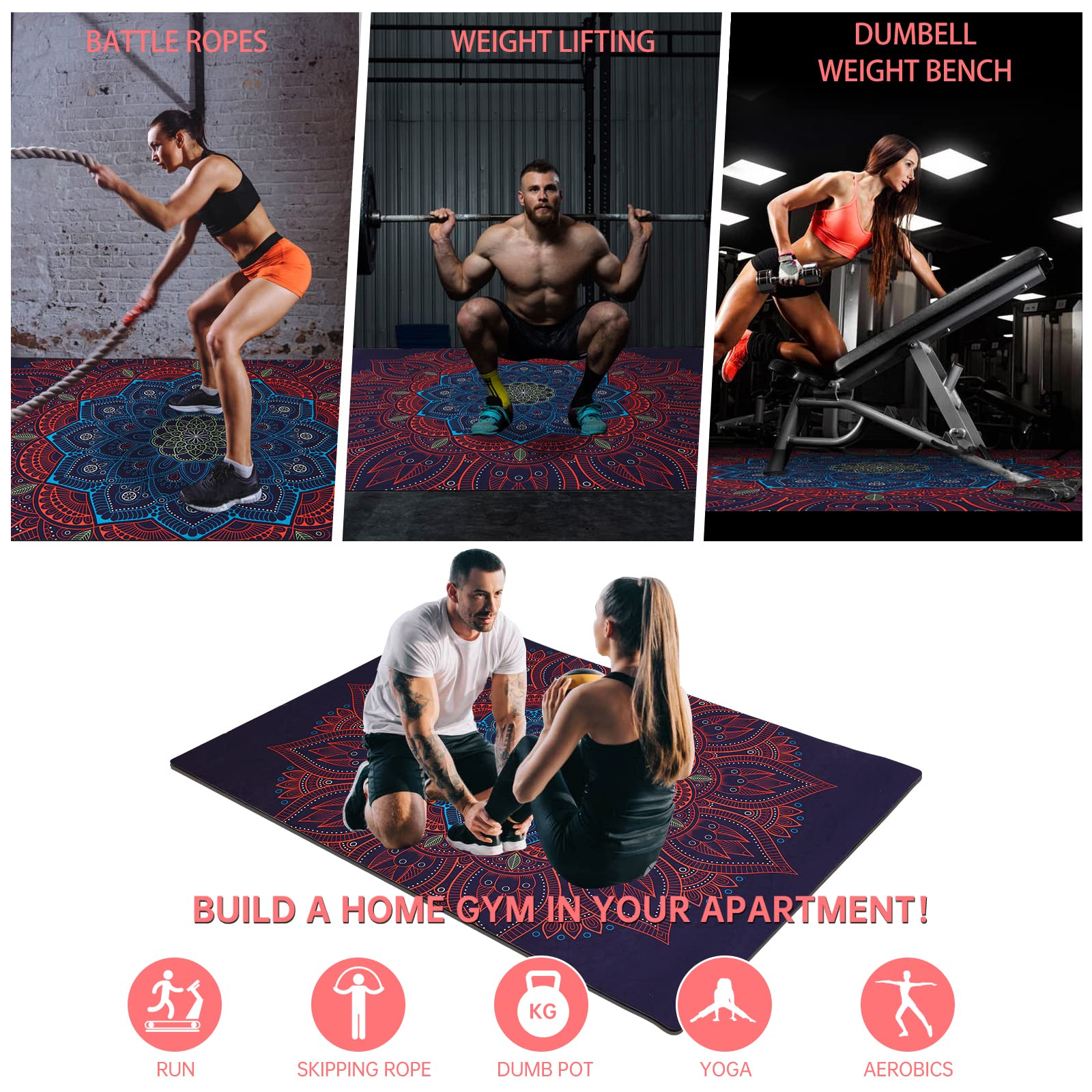 SURNUO 6.5ft x 4.5ft x 10mm Large Exercise Mat for Home Workout Extra Thick Workout Mat High-Density Non-Slip Soft Gym Flooring for Cardio,Pilates, Stretching,Plyo, MMA, Jump Rope