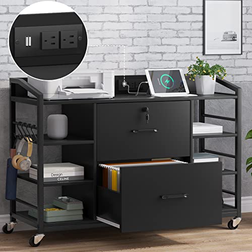 SEDETA 44" File Cabinet, Filing Cabinet fits Legal/Letter Size, 2 Drawer File Cabinets for Home Office with Lock, Power Strip, 6 Storage Shelves, Rustic Brown