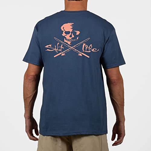 Salt Life Mens Skull and Poles Short Sleeve Classic Fit Shirt, Washed Navy, Medium