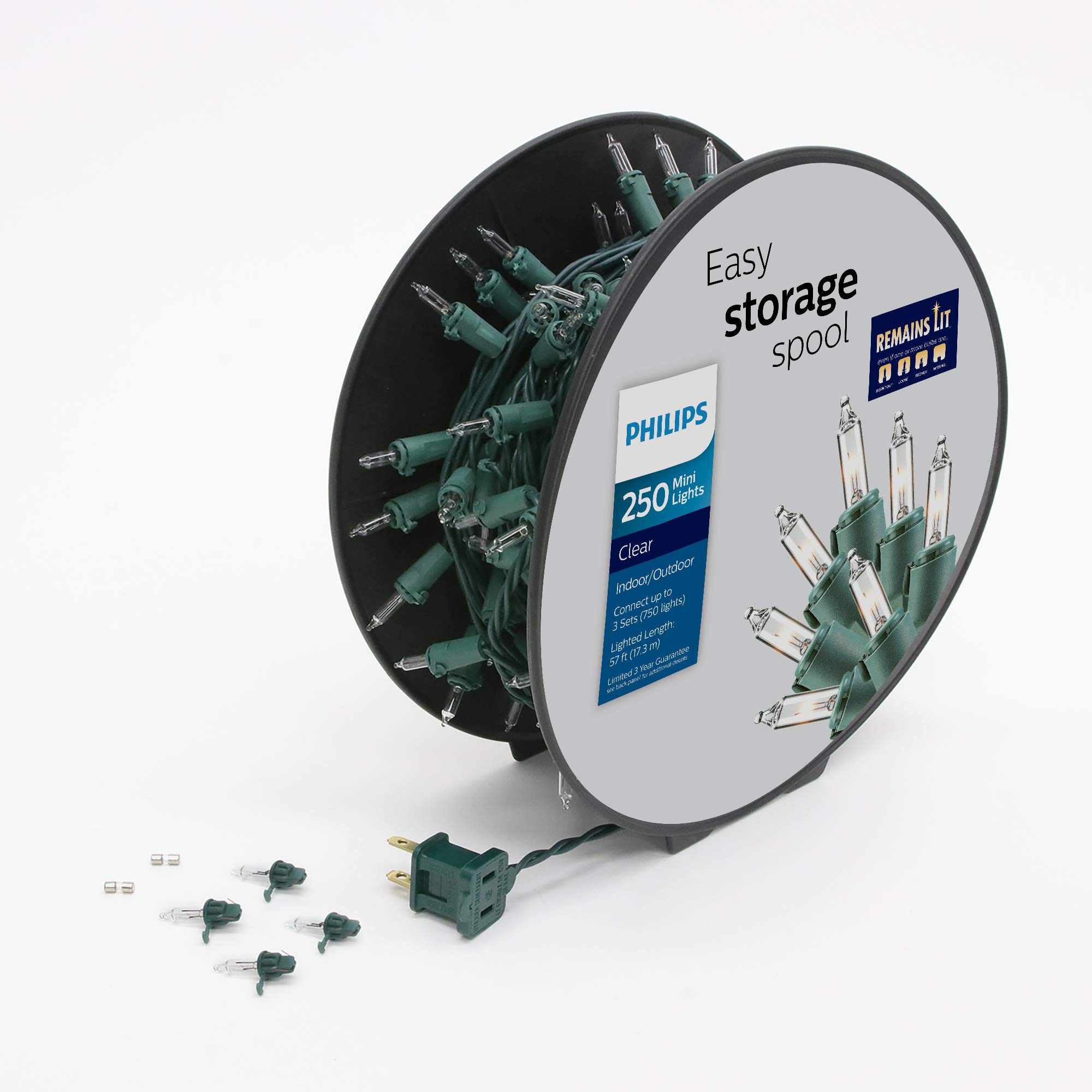 PHILIPS 250 Remains Lit Incandescent Clear Mini Christmas Lights on Green Wire Easy Storage Spool - UL Listed for Indoor/Outdoor Use - 59.33' Length with 2.75" Bulb Spacing for Christmas Tree