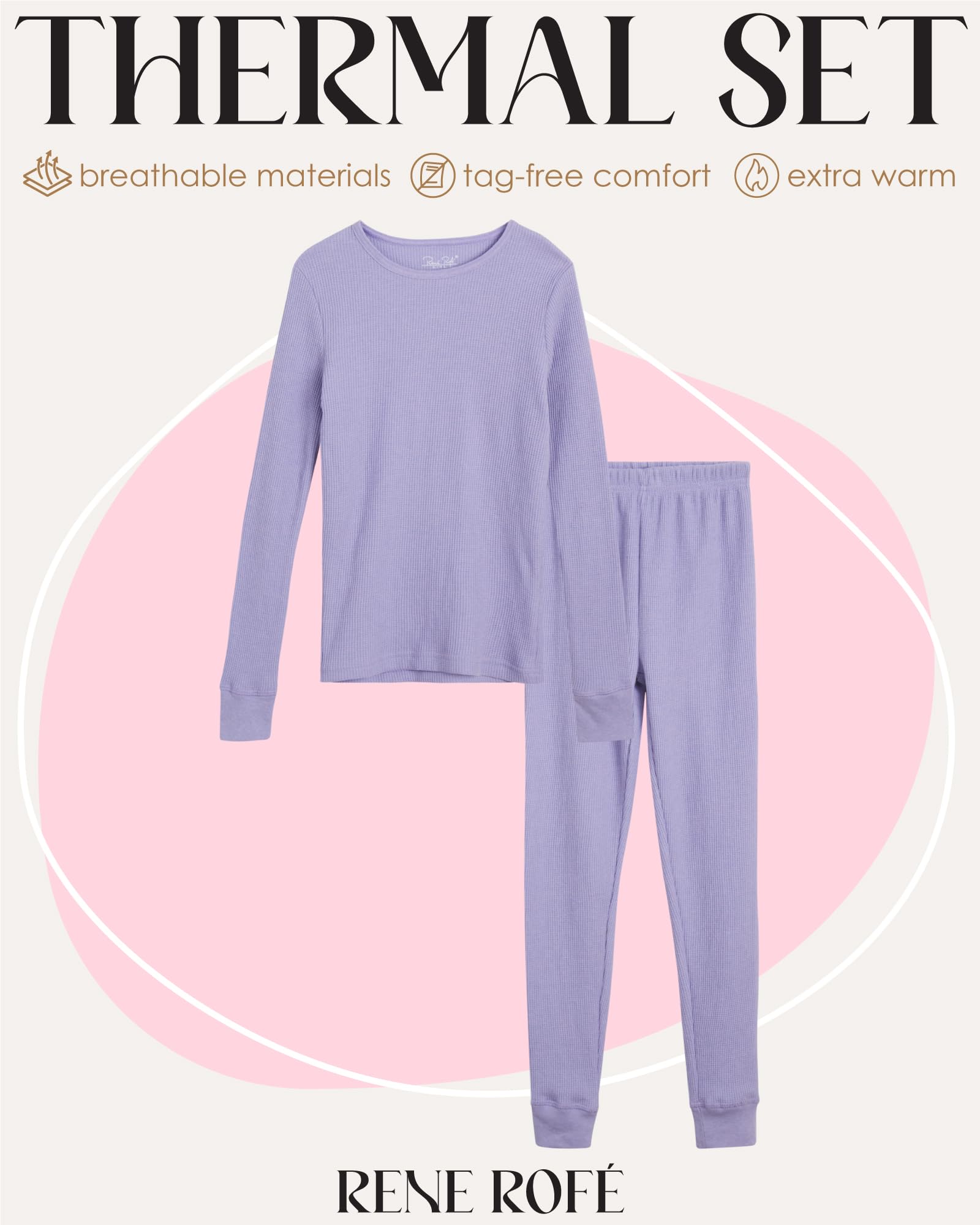 Rene Rofe Girls' Thermal Underwear Set - 2 Piece Waffle Knit Top and Long Johns (2T-16), Size 7-8, Lavender