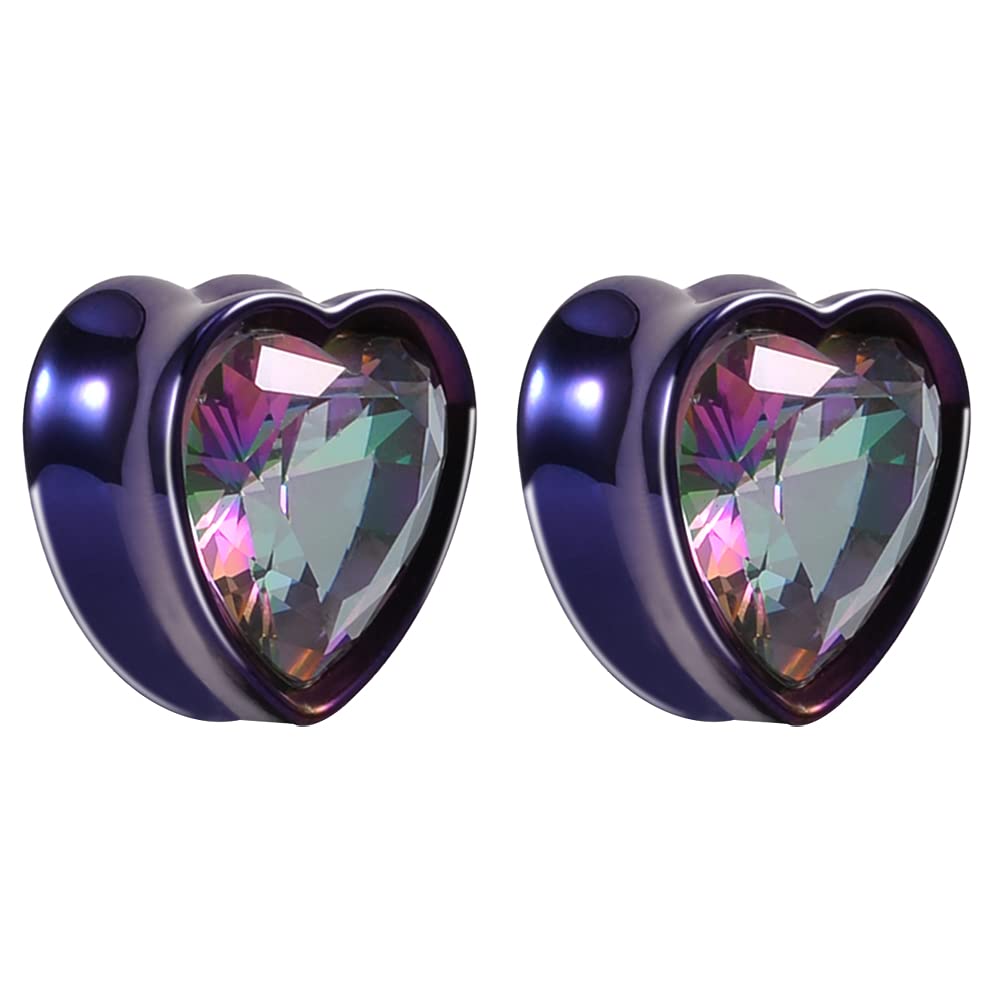 PUNKYOUTH Surgical Steel Heart-Shaped Zircon Double Flared Ear Tunnels And Plugs Stretcher Expander Sold As Pair Gauge 8mm-25mm