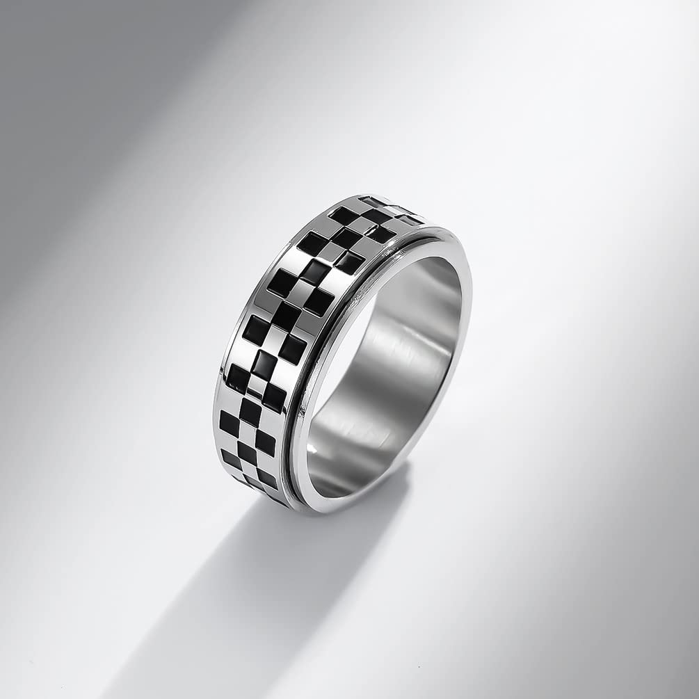 VUZALRANO 8mm Unisex Comfort Fit Stainless Steel Wedding Band Black White Blocks Pattern Ring Checkerboard Checkered Flag Racing Spinner Ring Black Size8