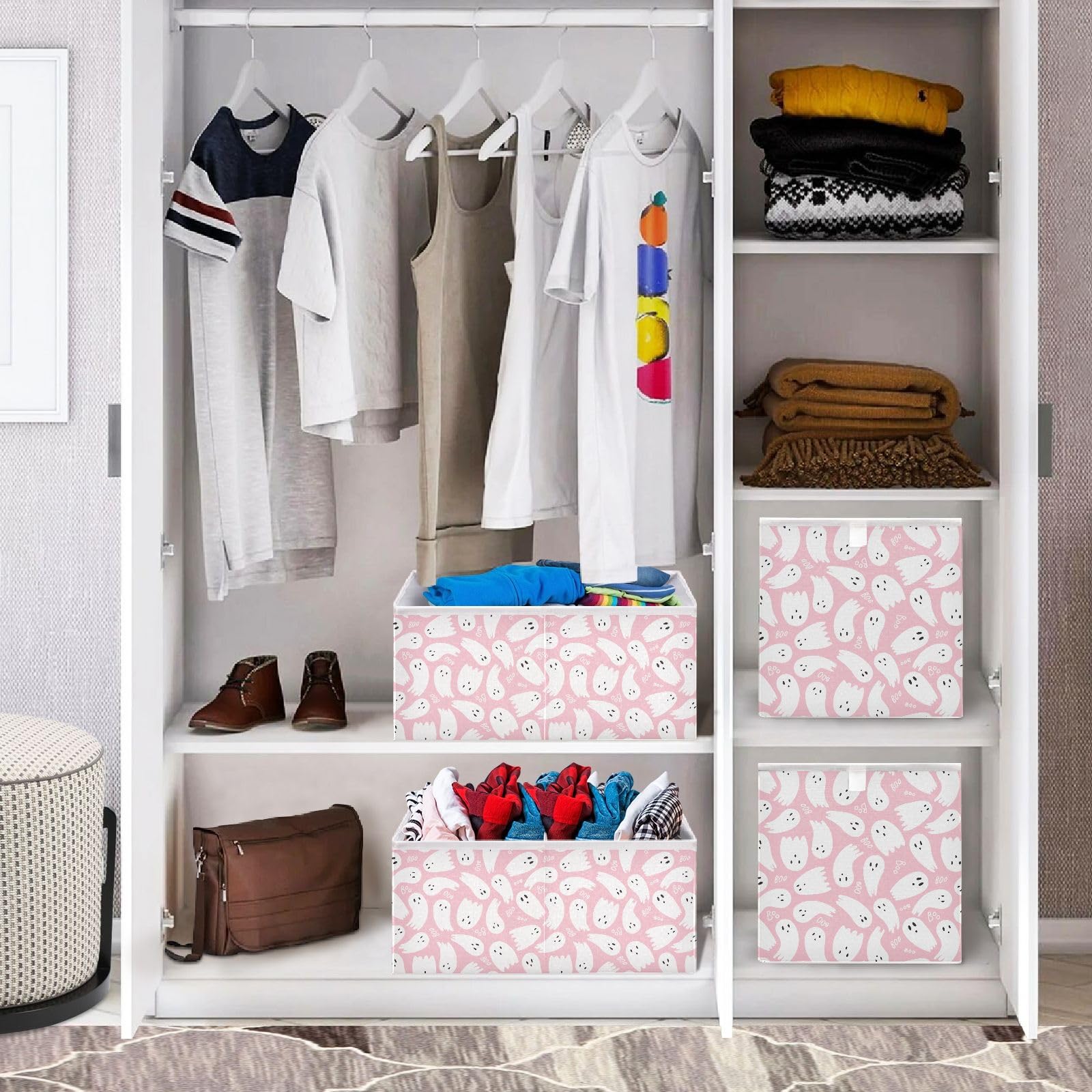 QUGRL Cute Halloween Ghost Storage Bins Organizer Boo Pink Foldable Clothes Storage Basket Box for Shelves Closet Cabinet Office Dorm Bedroom 15.75 x 10.63 x 6.96 in